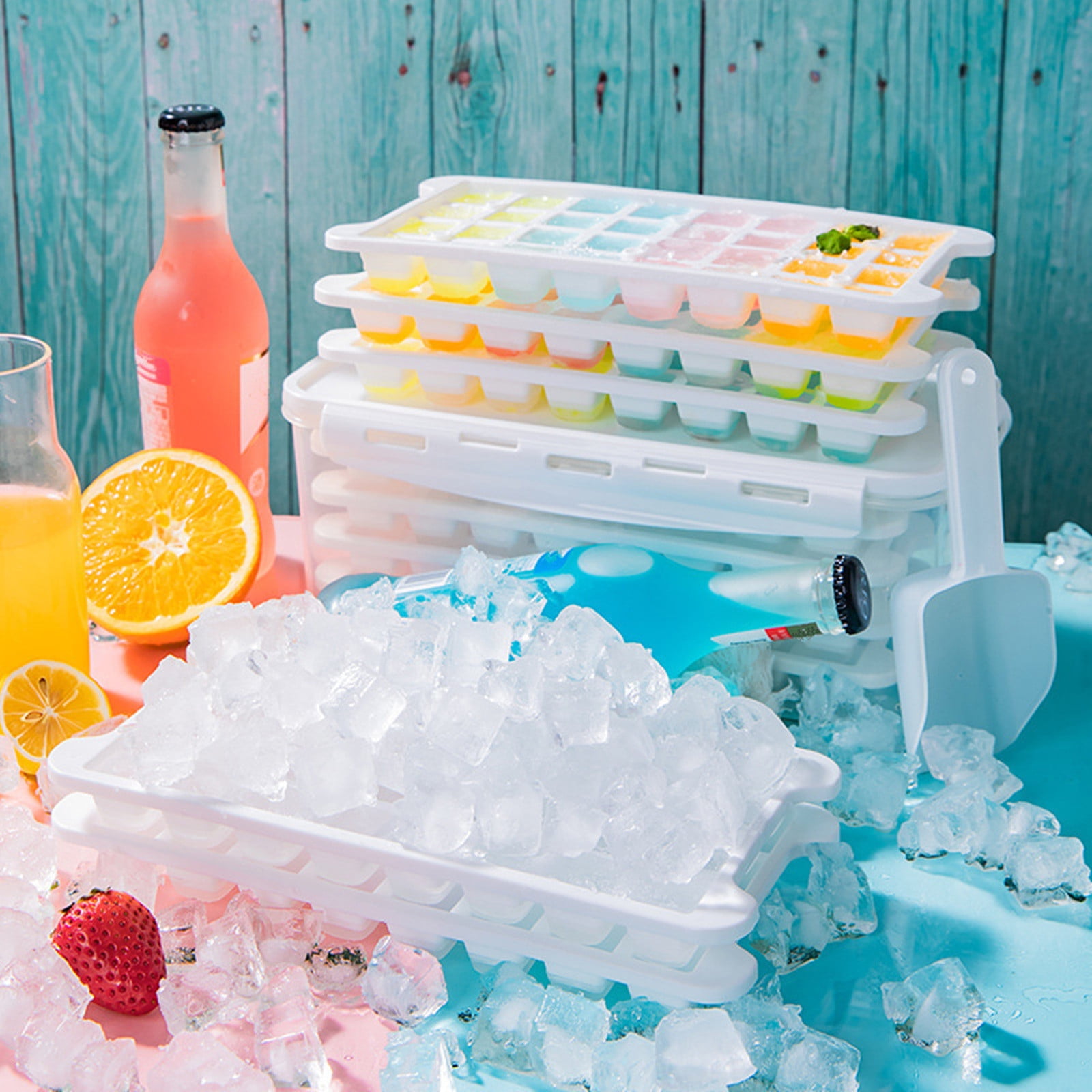 RXIRUCGD White Plastic Ice Cube Maker Set - Ice Trays with Sealed Lids ...