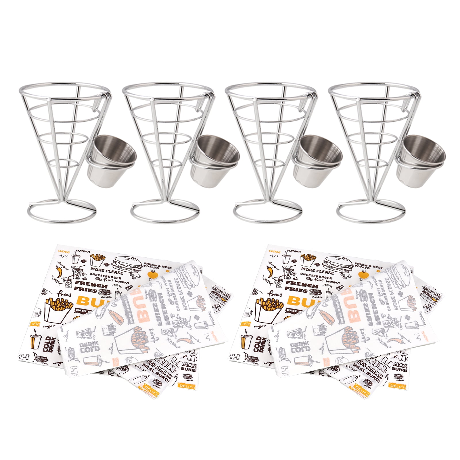 RYANSTAR RACING 4 Piece French Fry Holder French Cone French Fries Wire Basket with Sauce Cups ...