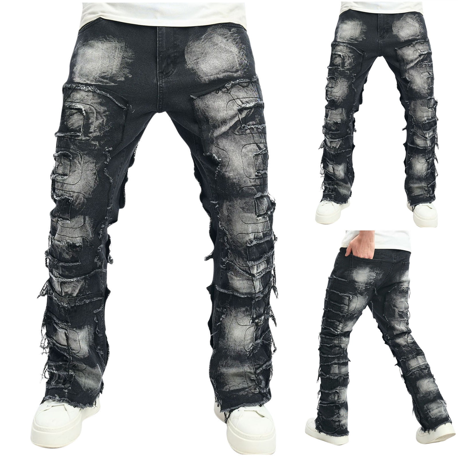 RYDCOT Black Jeans for Men Stretch Fit Skinny Stacked Ripped Destroyed ...