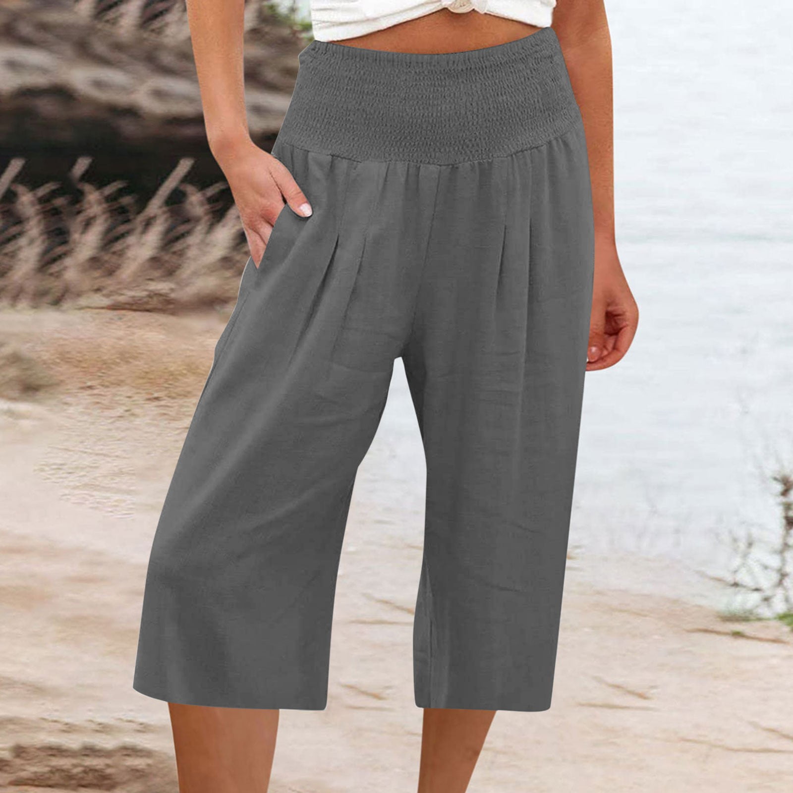 RYDCOT Cotton Linen Capris for Women High Waisted Wide Leg Capris Crop ...