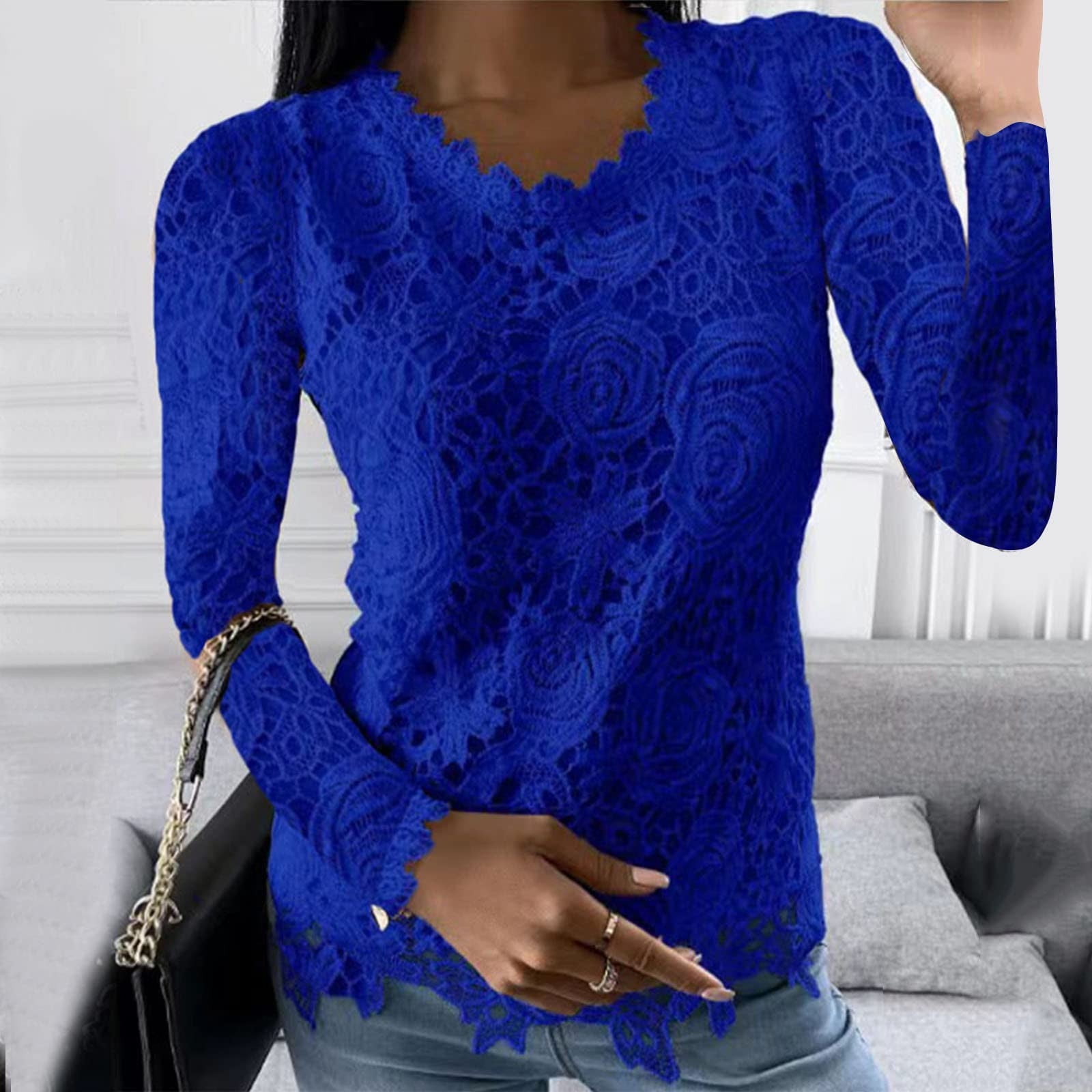 RYDCOT Elegant Tops for Women 2023 Lace Slim Long Sleeve Blouses Floral Crewneck Fall Shirts for ...