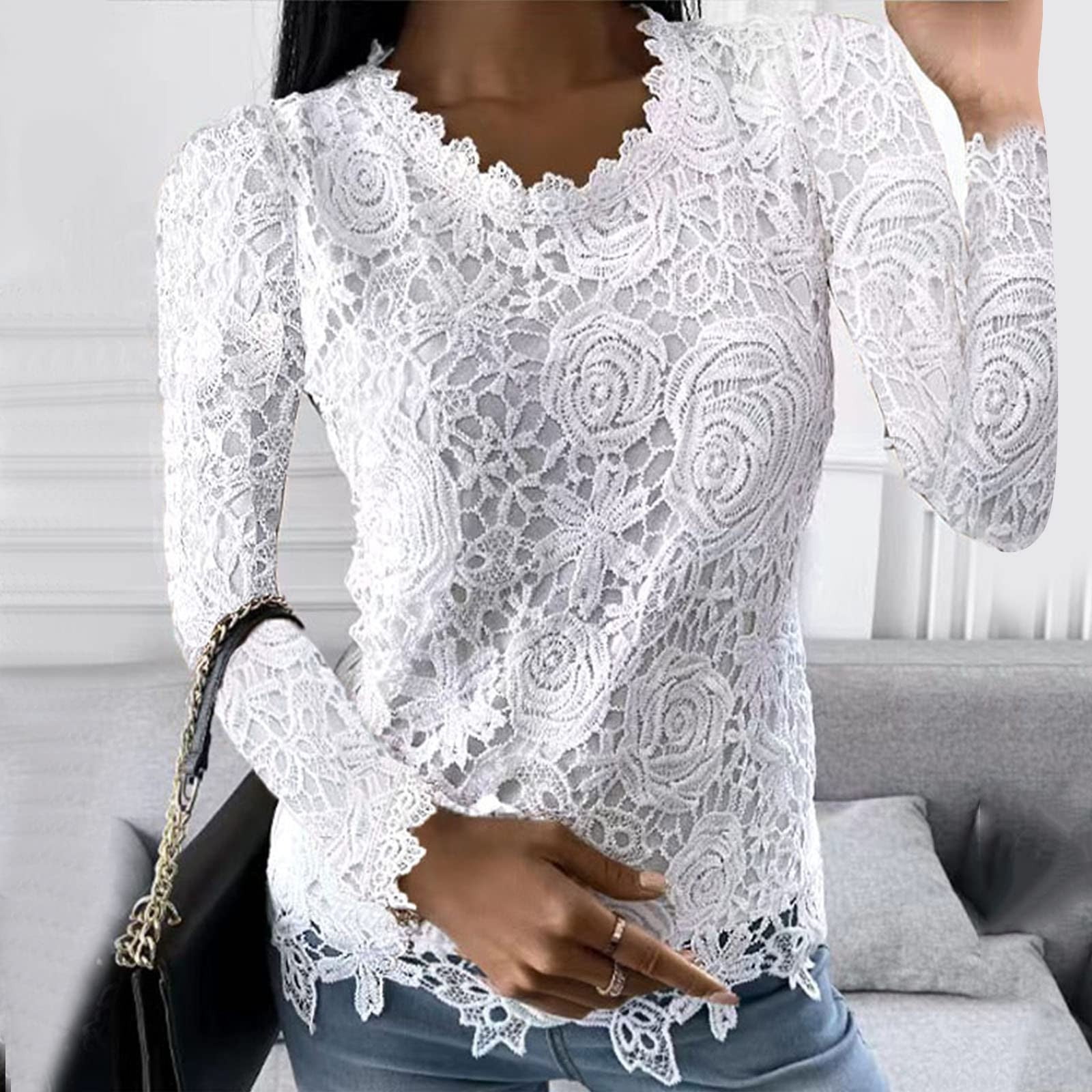 RYDCOT Elegant Tops for Women 2023 Lace Slim Long Sleeve Blouses Floral Crewneck Fall Shirts for ...