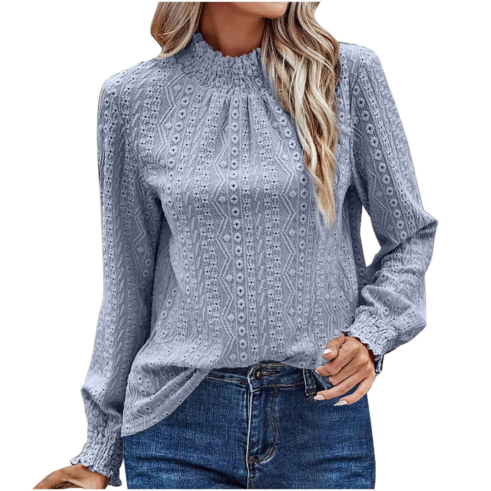 RYDCOT Elegant Tops for Women 2024 Lace Long Sleeve Blouses Floral Crewneck Fall Shirts for ...