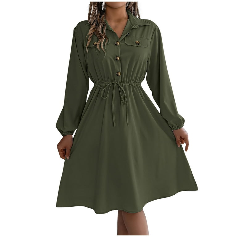 RYDCOT Fall Dresses for Women 2024 Casual Button Down Tied Waist Long Sleeved Solid Color Lapel Shirt Dress Ladies Dresses for Church Sale or