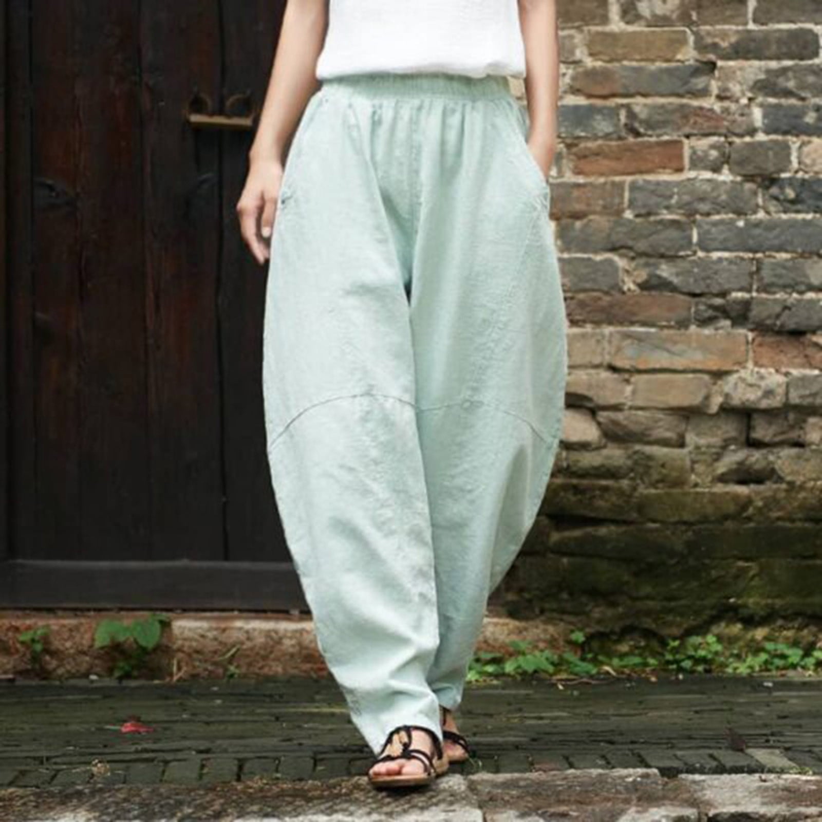 RYDCOT Harem Pants Women Cotton Linen Baggy Pants Elastic Waist Relax ...
