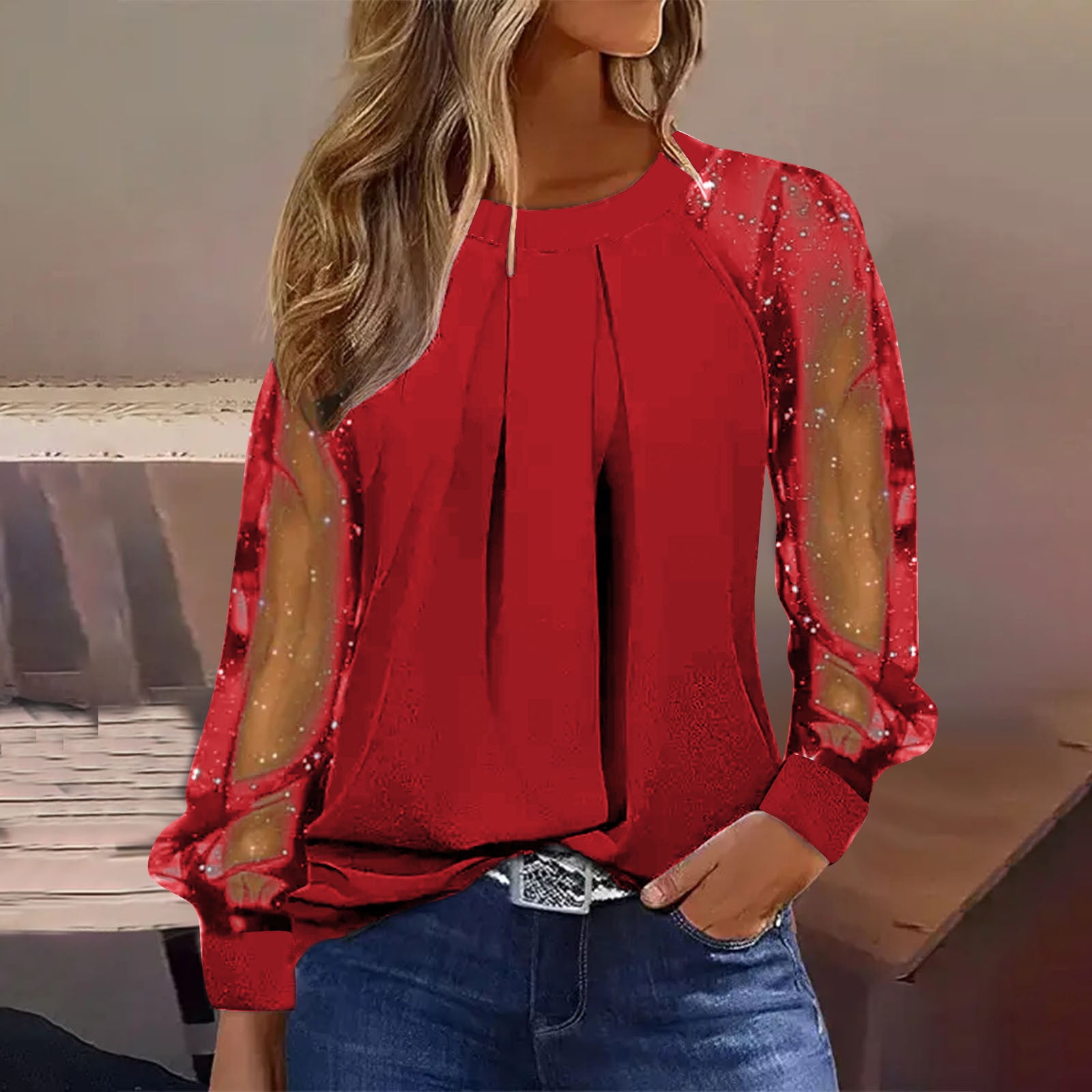 RYDCOT Ladies Tops and Blouses Women Blouses Dressy Casual Frill Crewneck Long Sleeve Lace ...