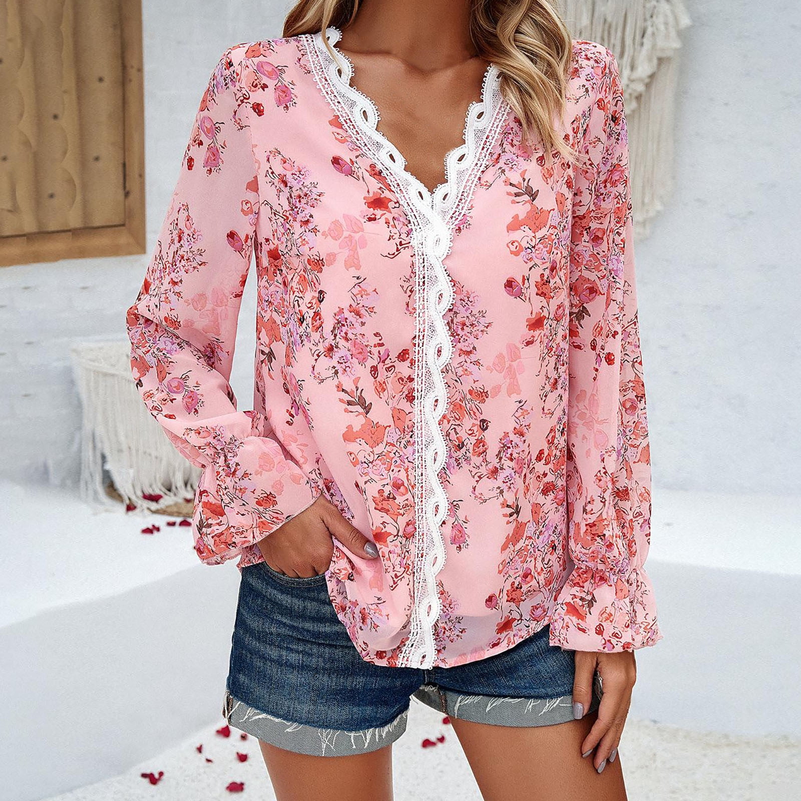 RYDCOT Ladies Tops and Blouses Clearance Long Sleeve Casual V Neck Lace Crochet Floral Print ...