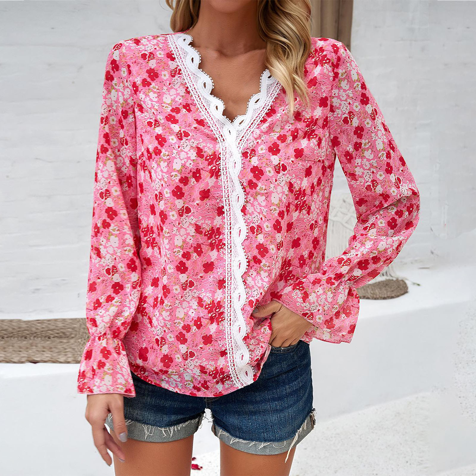 RYDCOT Ladies Tops and Blouses Clearance Long Sleeve Casual V Neck Lace Crochet Floral Print ...