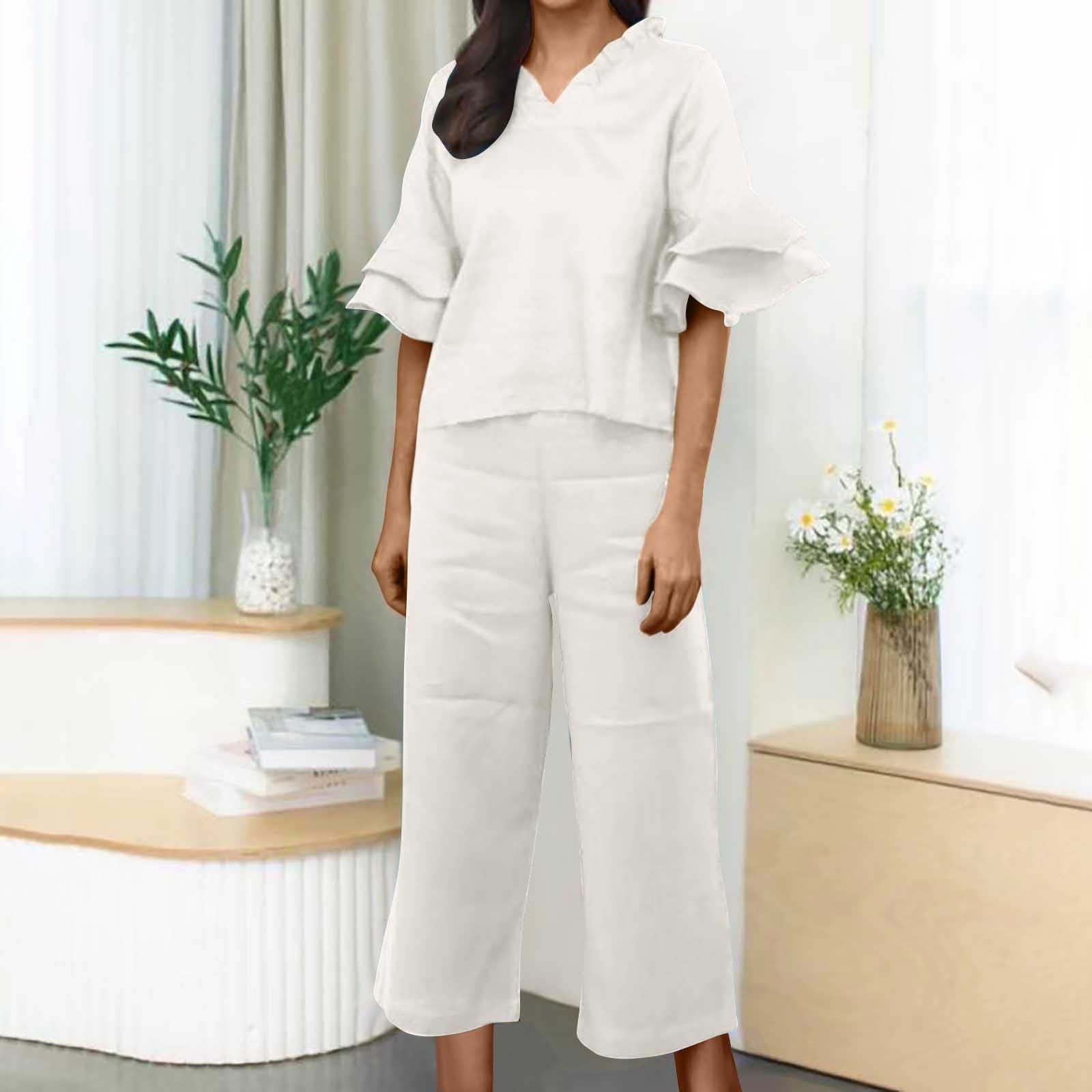 RYDCOT Linen Sets for Women 2 Piece Long Pants Half Sleeved V-Neck Top ...