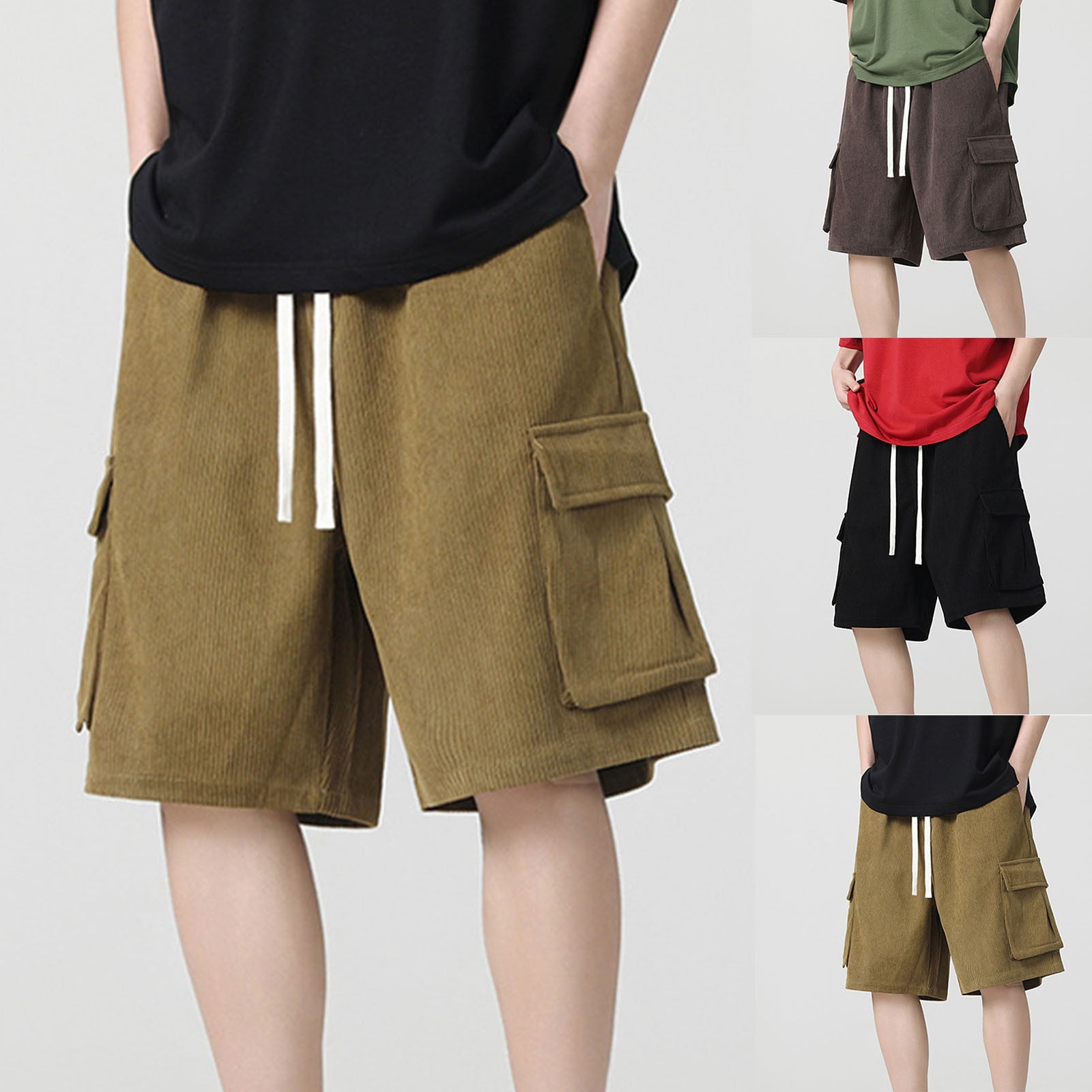 RYDCOT Men's Corduroy Cargo Shorts Drawstring Waist Drawstring Classic ...