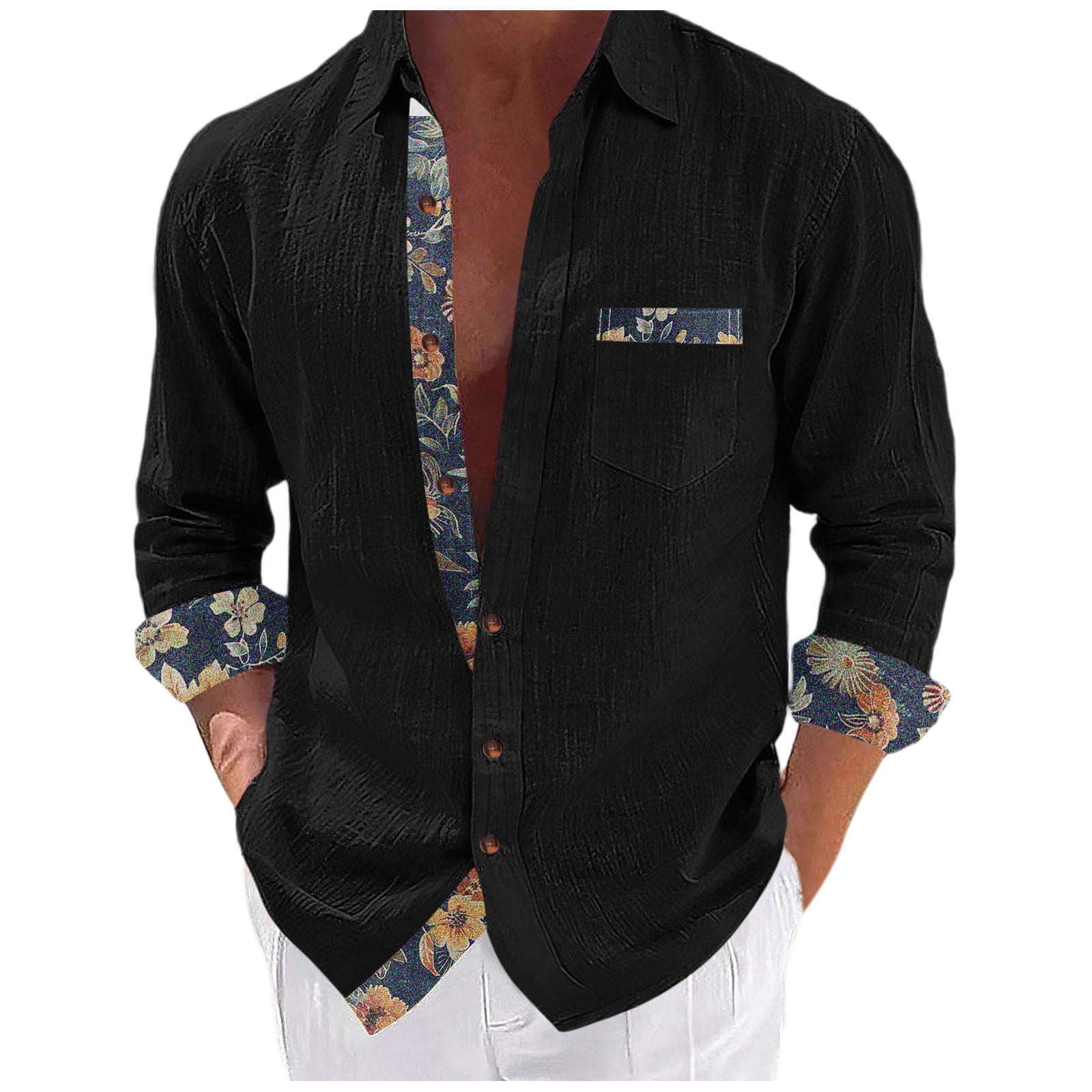 RYDCOT Men's Cotton Linen Printed Long Sleeve Shirts Casual Button Down ...