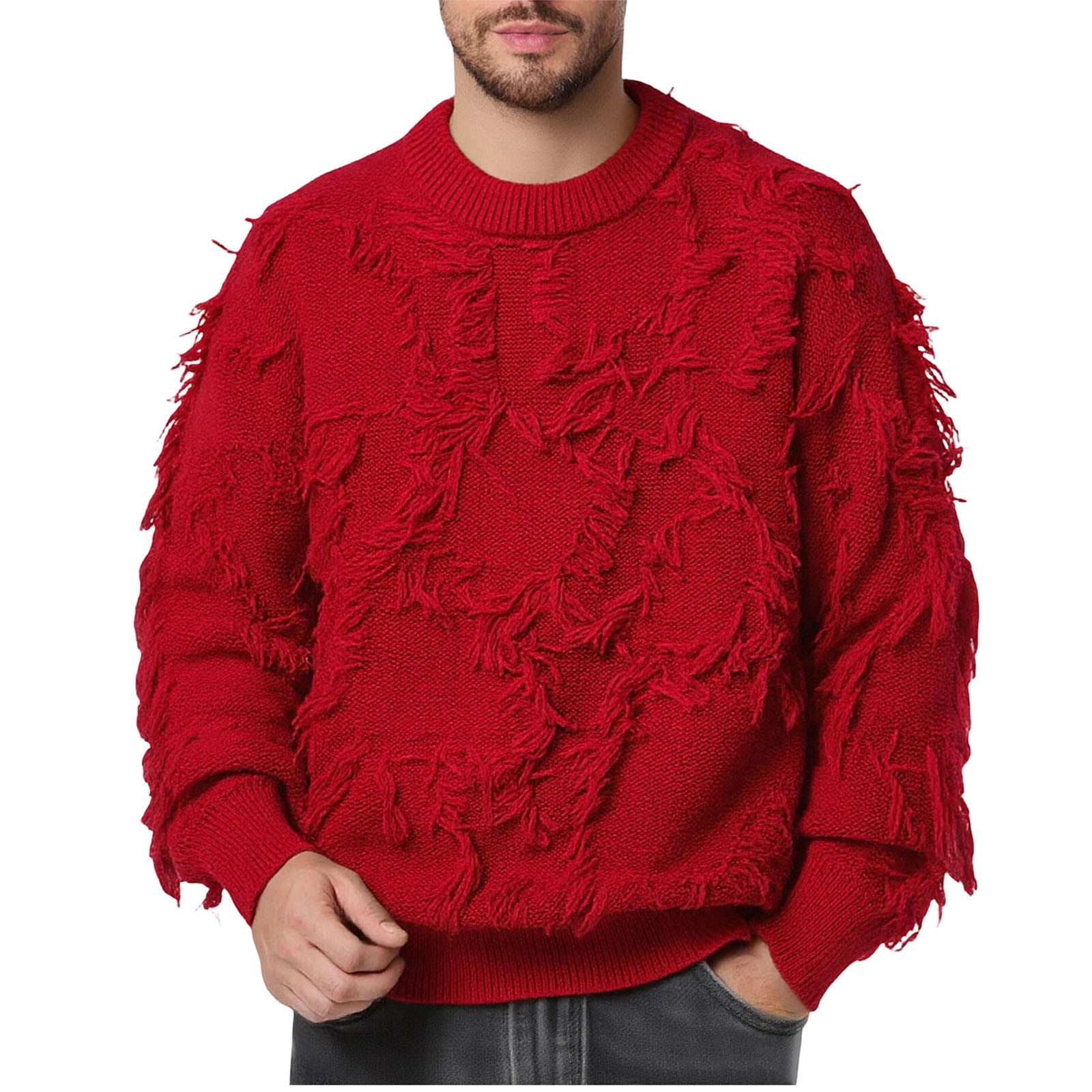RYDCOT Men's Distressed Sweater Crew Neck Long Sleeve Geometric Texture ...