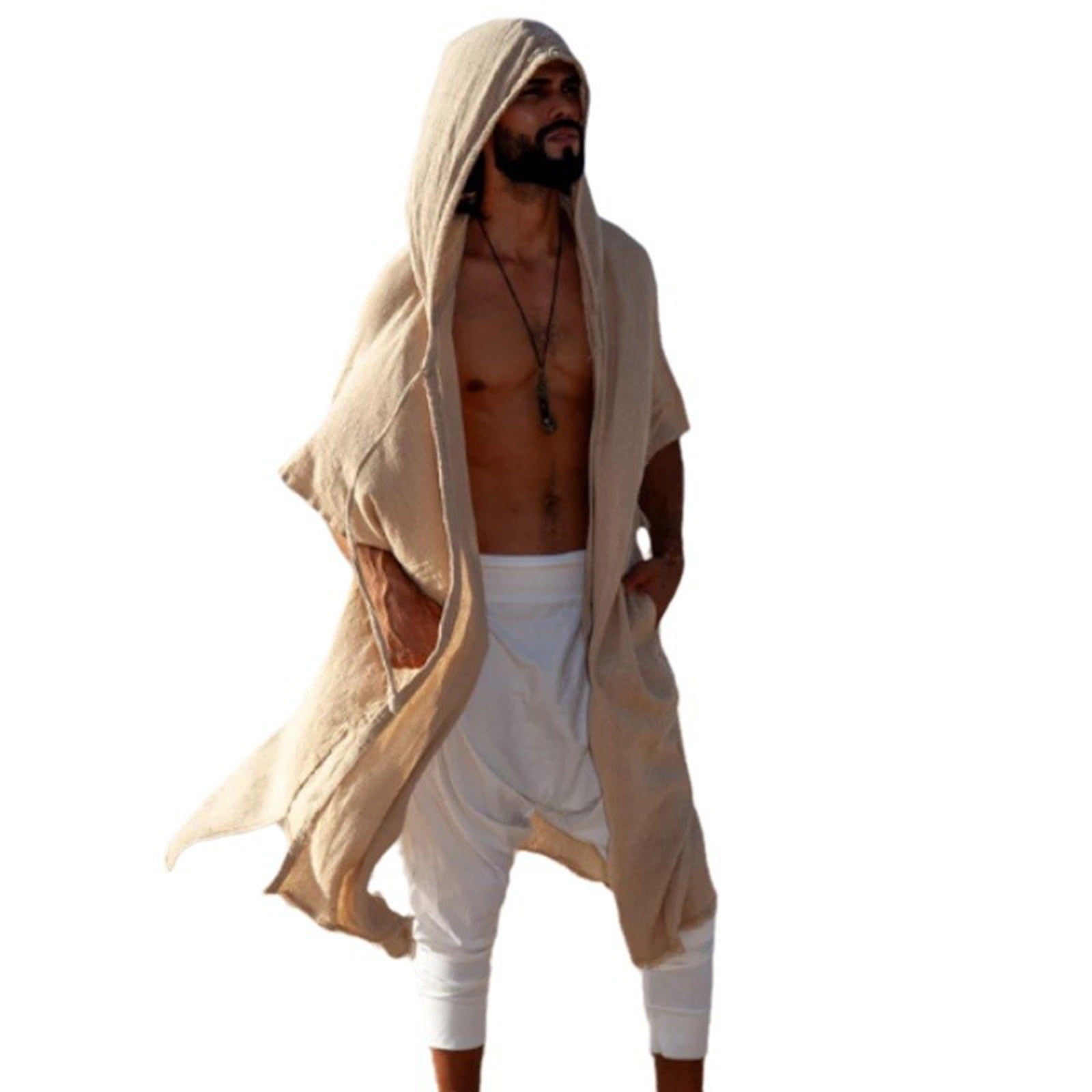 RYDCOT Men's Long Hooded Cardigan Sleeveless Ruffle Shawl Collar ...