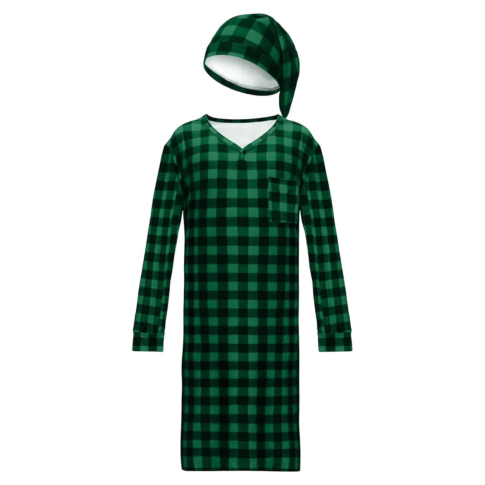 RYDCOT Men's Plaid Sleep Shirt and Sleeping Hat Set Long Sleeve ...