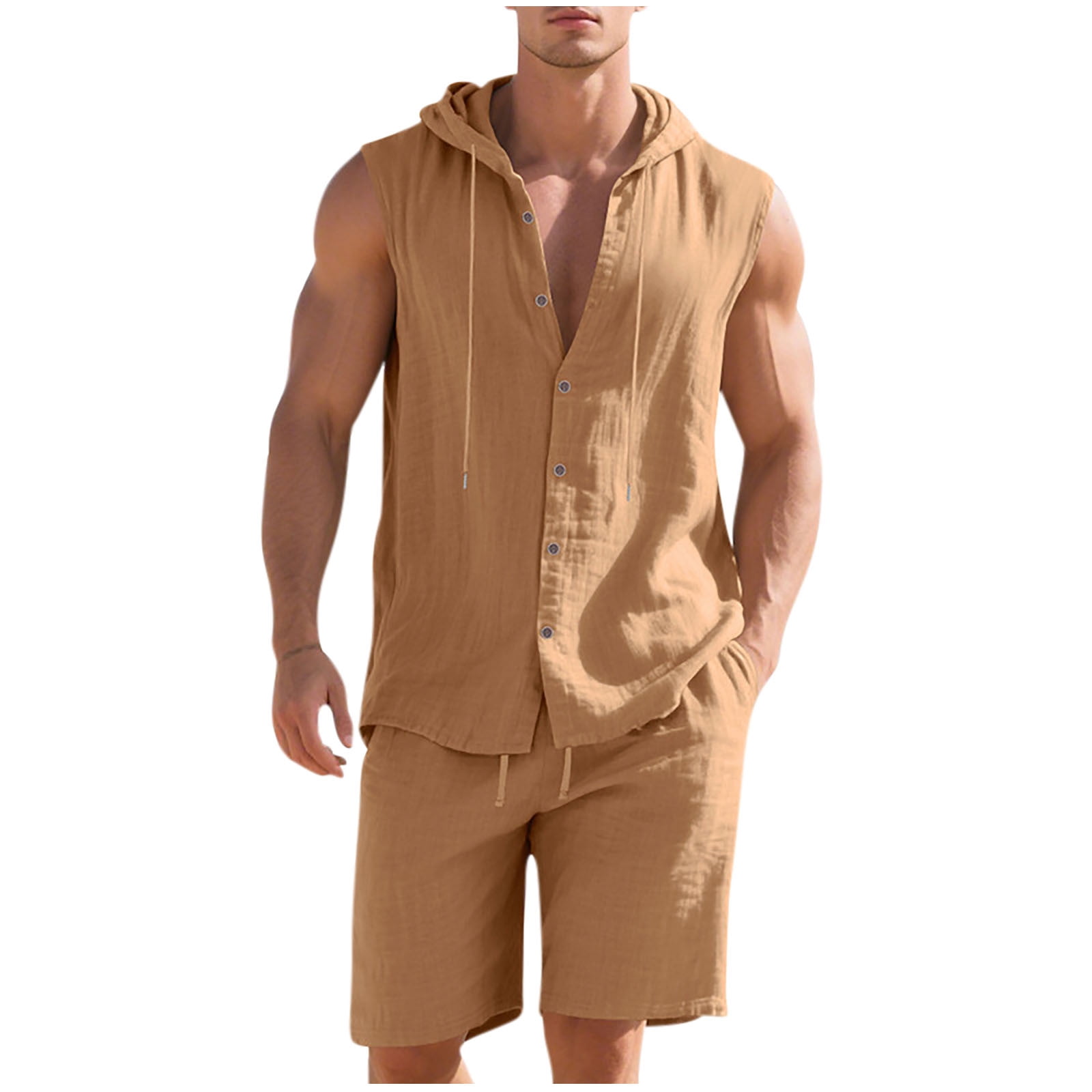 RYDCOT Mens Linen Sets 2 Piece Outfits Sleeveless Hooded Button Down ...