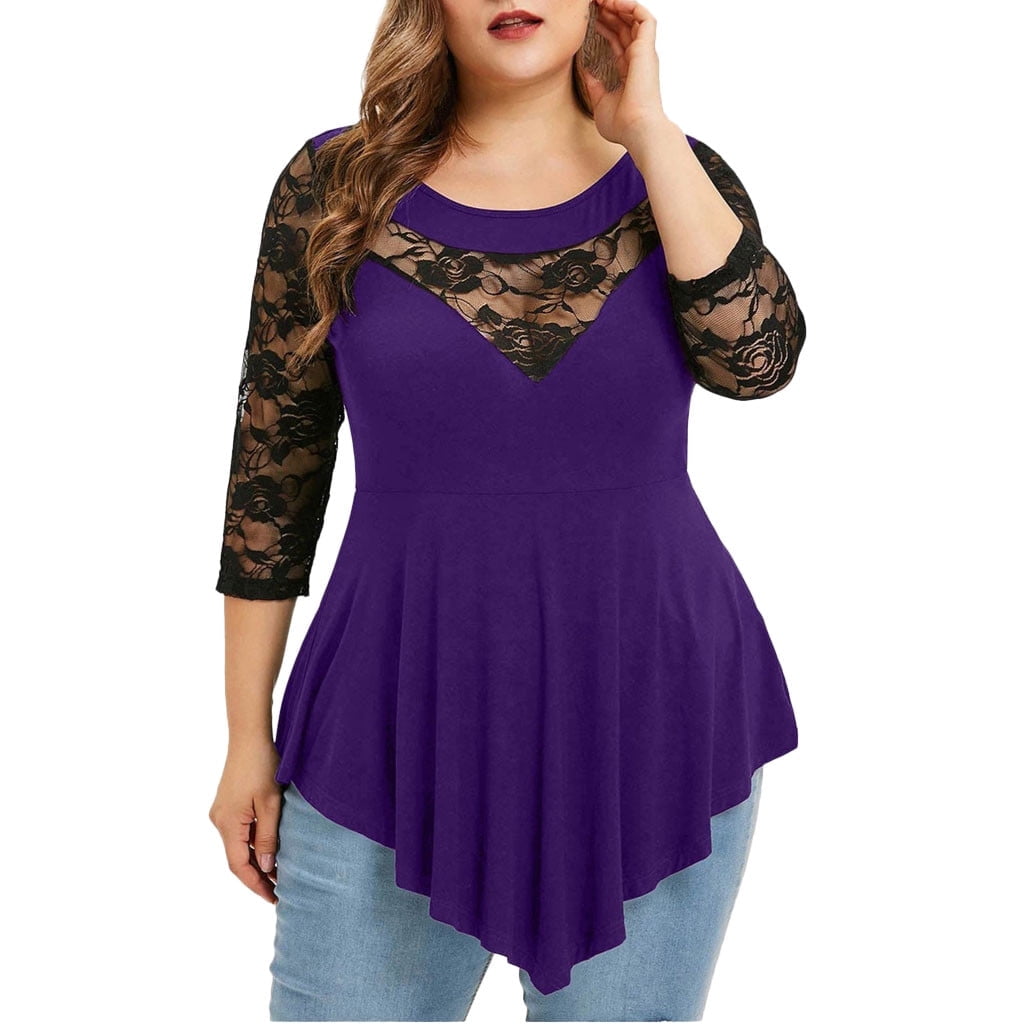 UTTOASFAY Plus Size Women Solid Floral Lace O-Neck Asymmetric Three ...