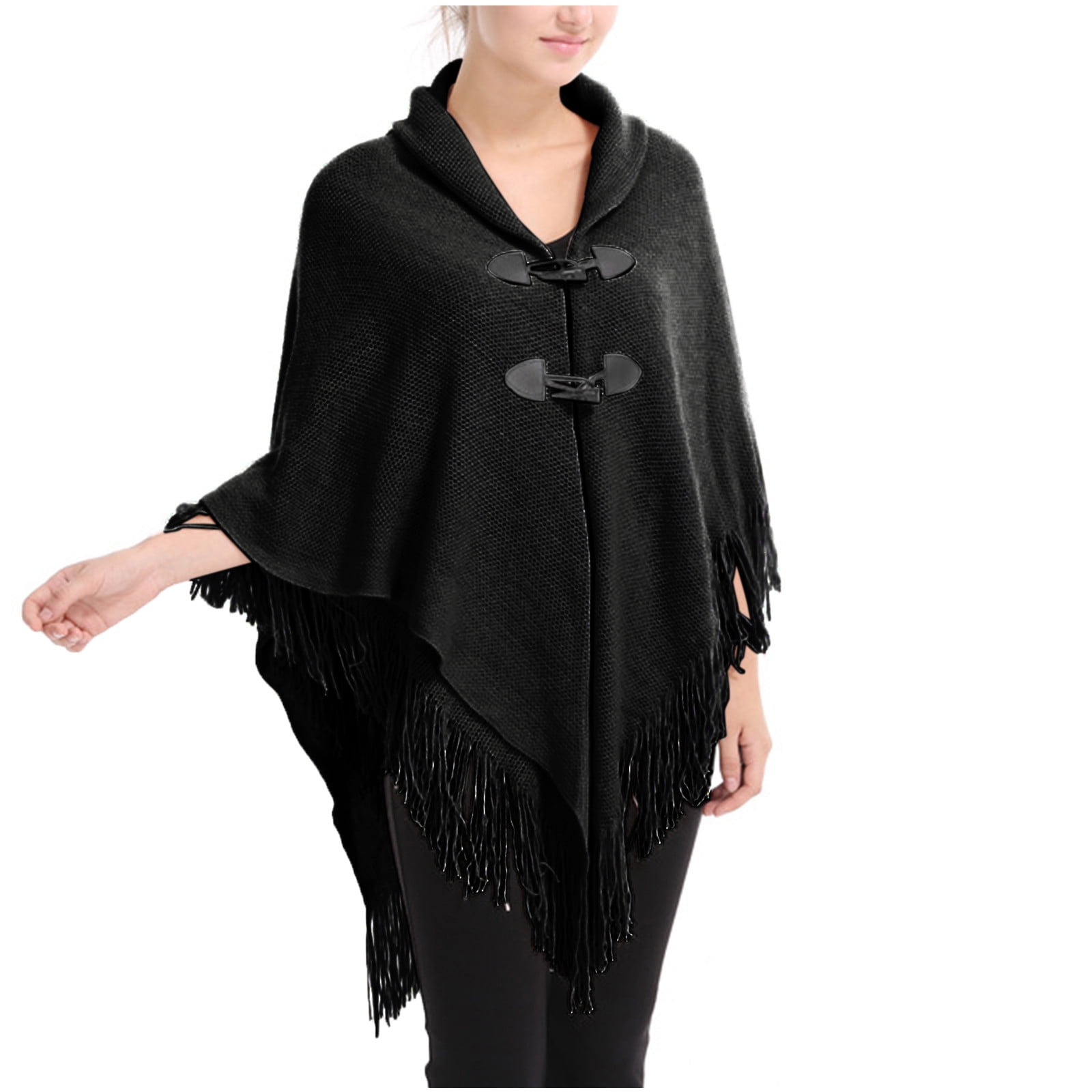 RYDCOT Poncho Sweater Women Open Front Solid Color Buttons Down Cape ...