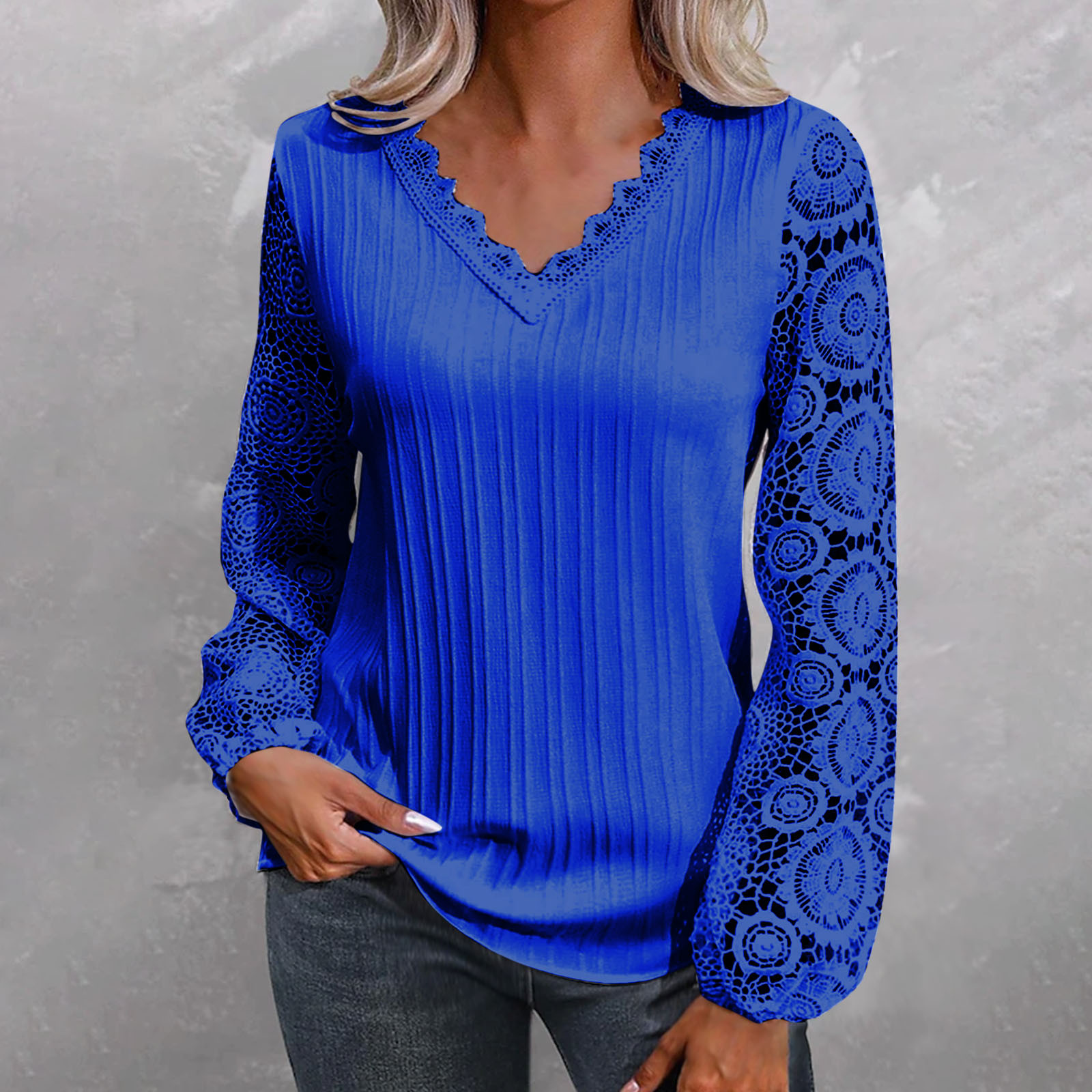 RYDCOT Spring Tops for Women 2024 Women's Fashion Casual Lace Splicing V-Neck Long Sleeve ...