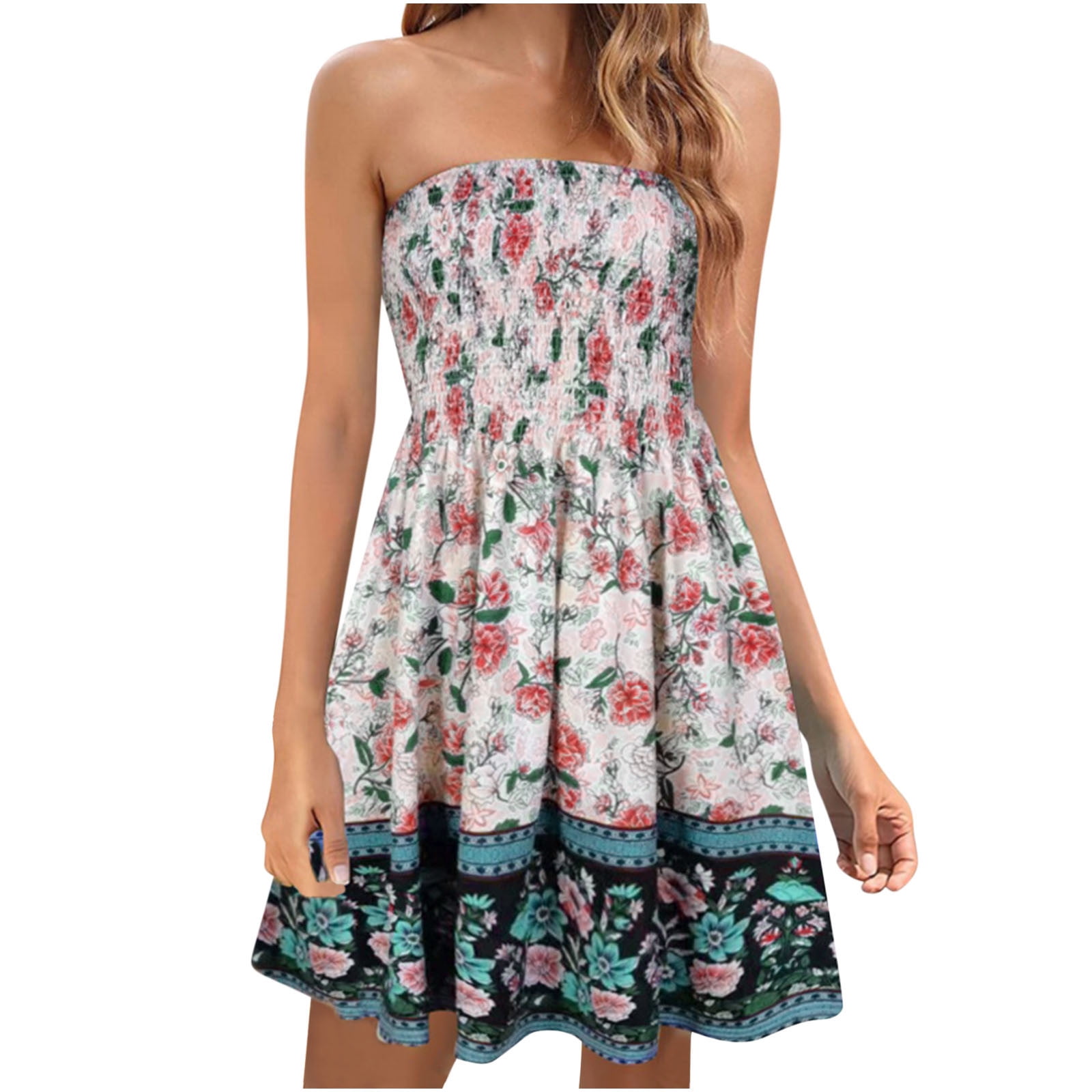 RYDCOT Strapless Sundresses for Women Casual Beach Cover Ups Tube Top Dresses Boho Floral Print ...