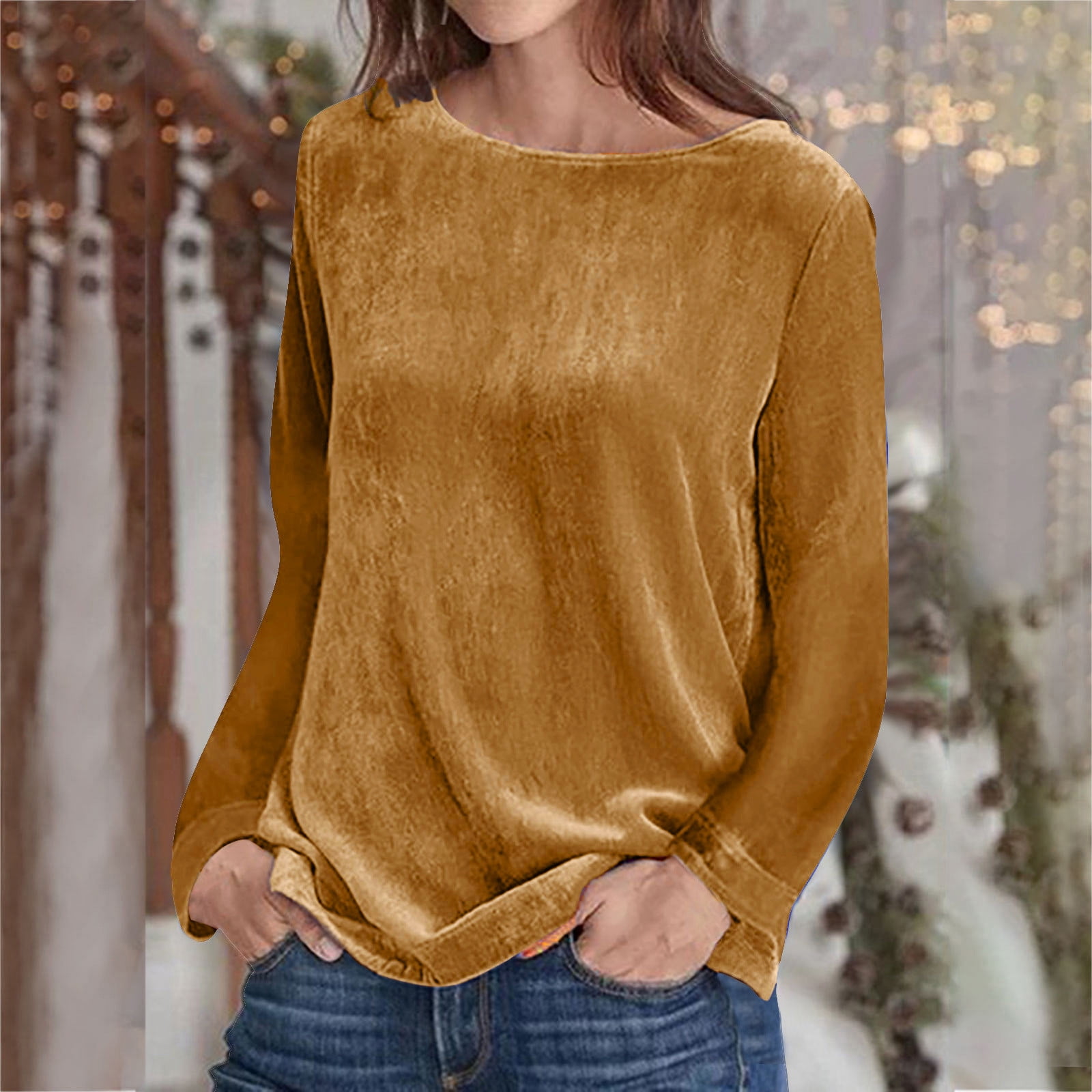RYDCOT Velvet Tops for Women Long Sleeve Solid Color Boat Neck Velour ...