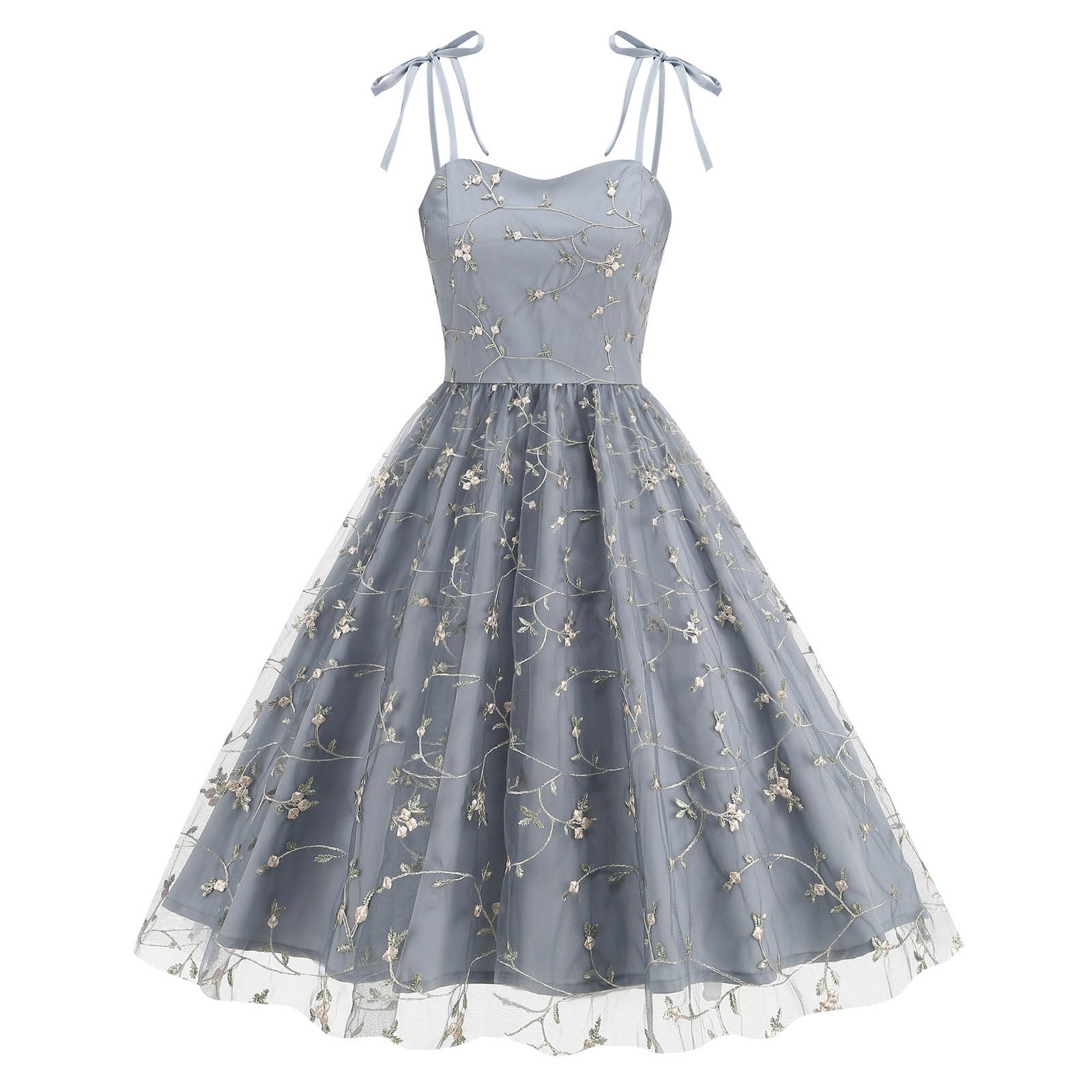 RYDCOT Women Square Neck Tie Strap Tulle Prom Dress Floral Embroidery ...