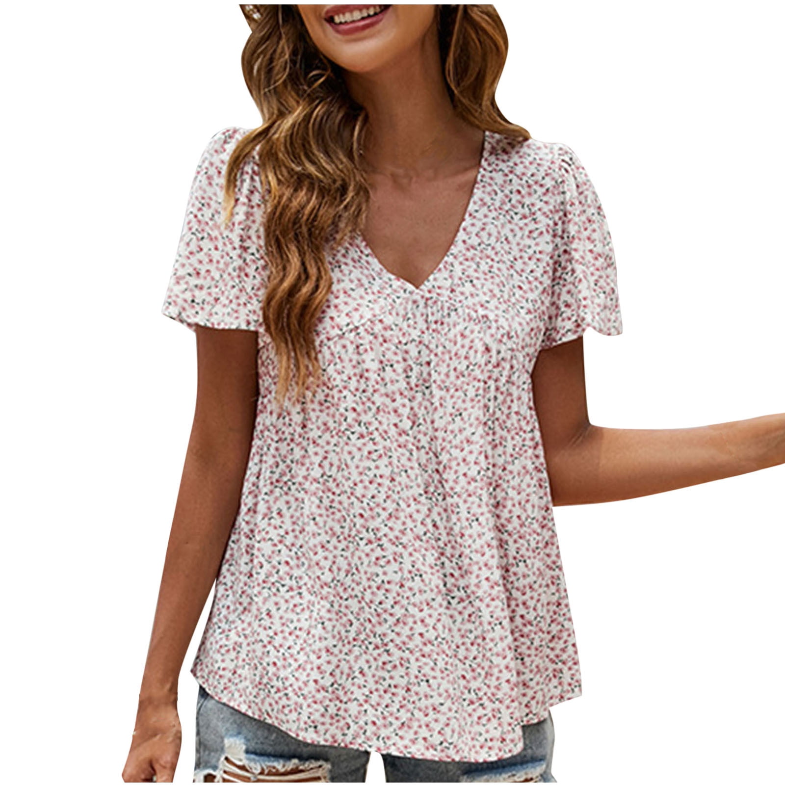 RYDCOT Women Tops Summer ,Women鈥楽 Casual Oversize Solid Floral Print V ...