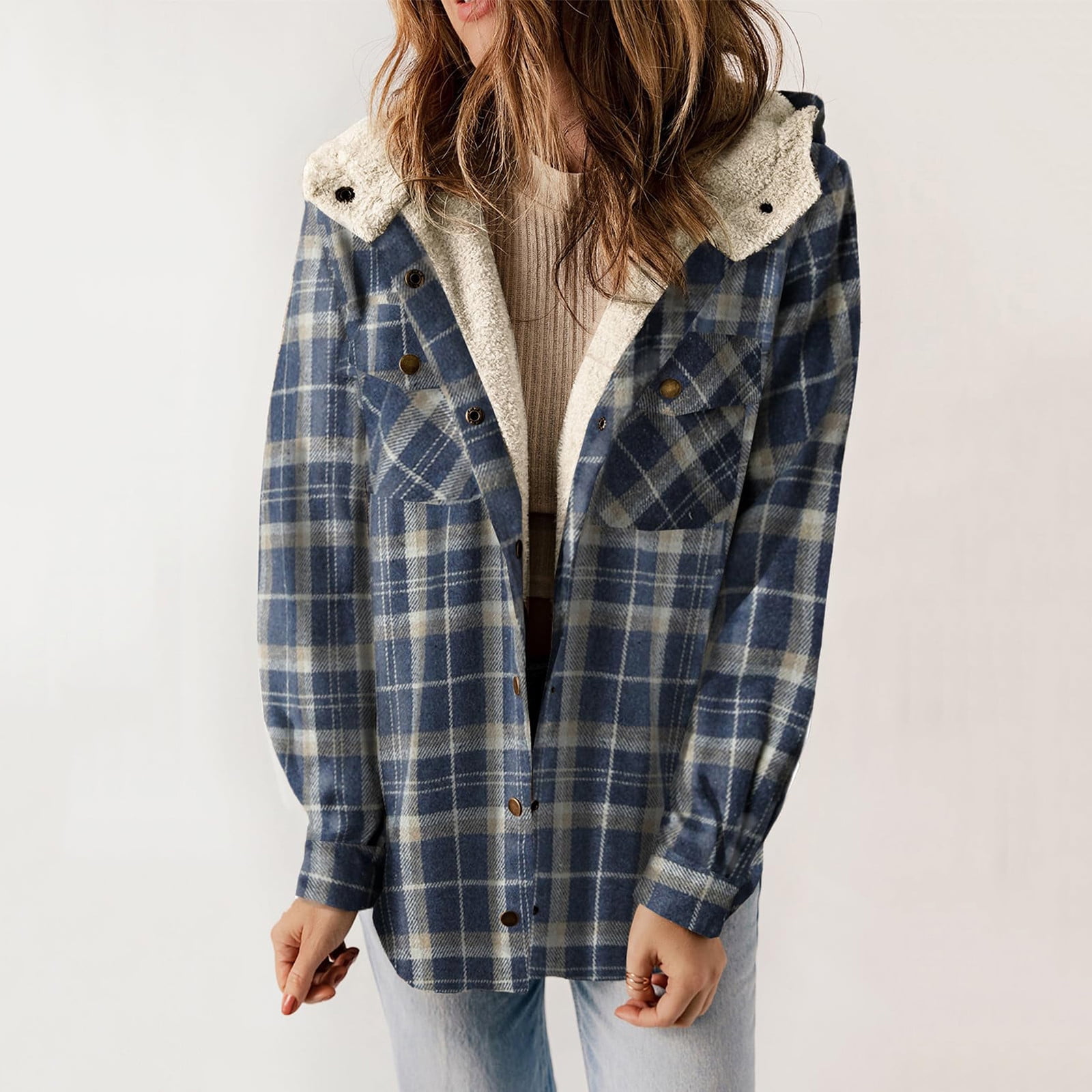 RYDCOT Women Hooded Plaid Shirt Jacket, Long Sleeve Fuzzy Sherpa Coat ...
