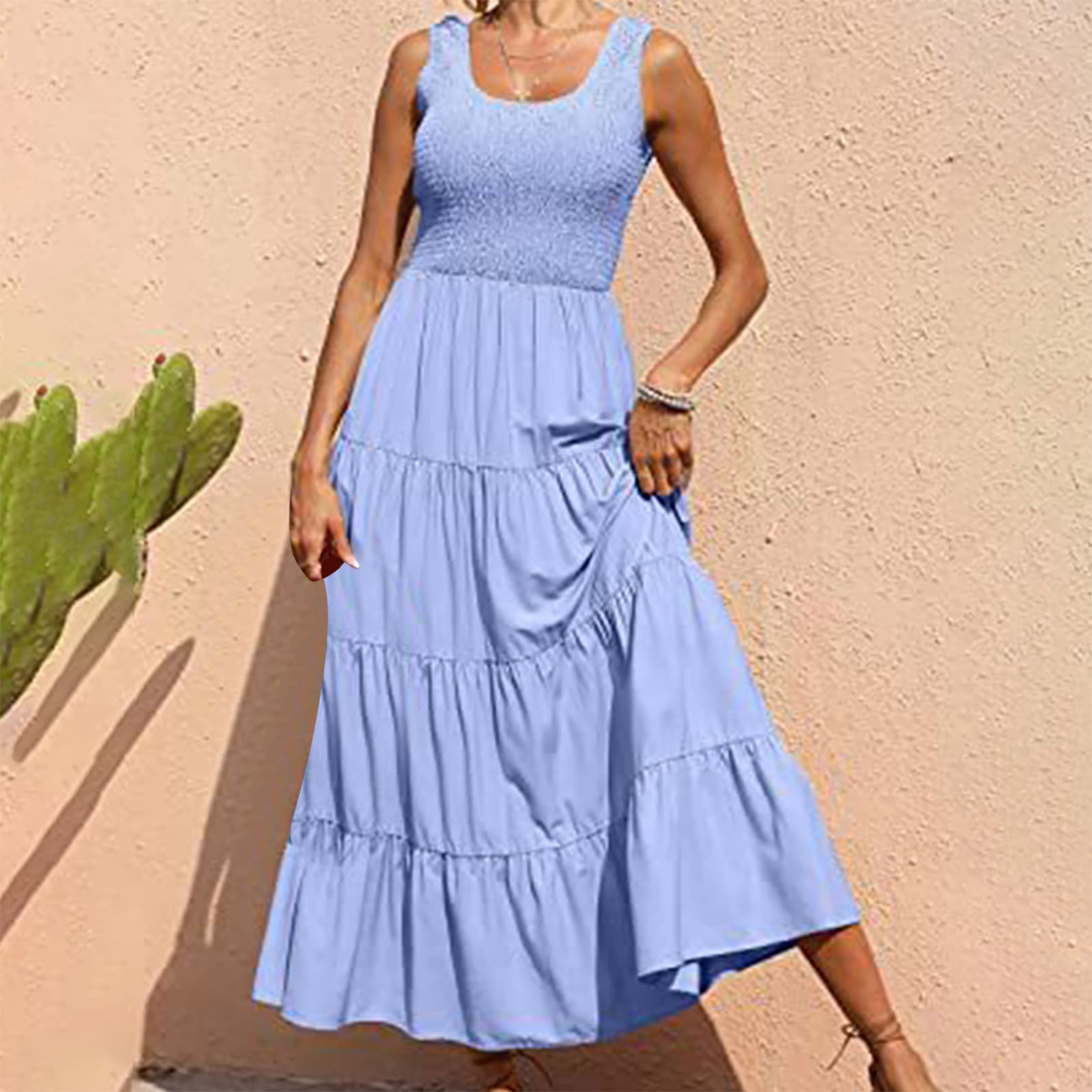 RYDCOT Women's 2024 Casual Plain Maxi Sundress Smocked Tank Dress ...