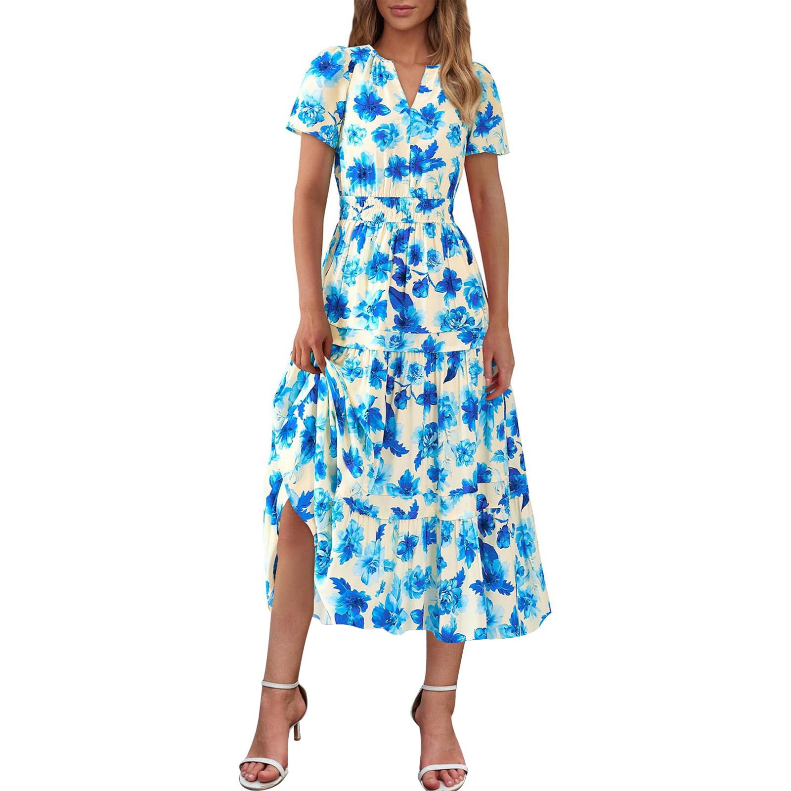 RYDCOT Women's 2025 Summer Floral Midi Dress Cap Sleeve V Neck Ruffle ...