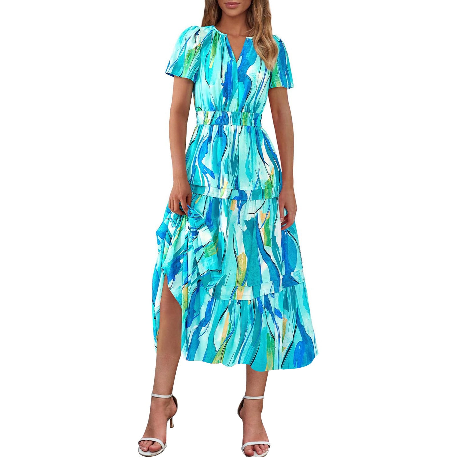 RYDCOT Women's 2025 Summer Floral Midi Dress Cap Sleeve V Neck Ruffle ...