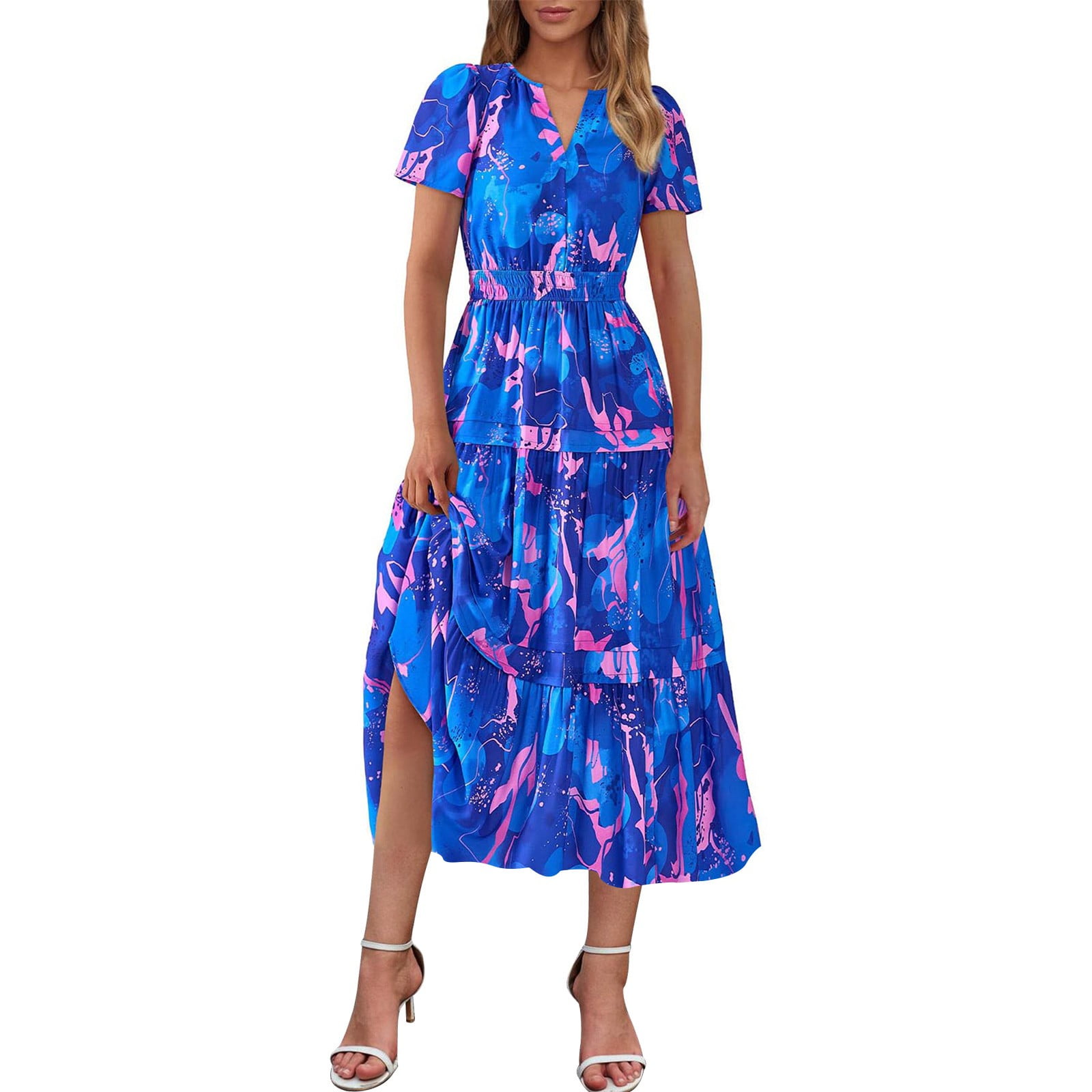 RYDCOT Women's 2025 Summer Floral Midi Dress Cap Sleeve V Neck Ruffle ...