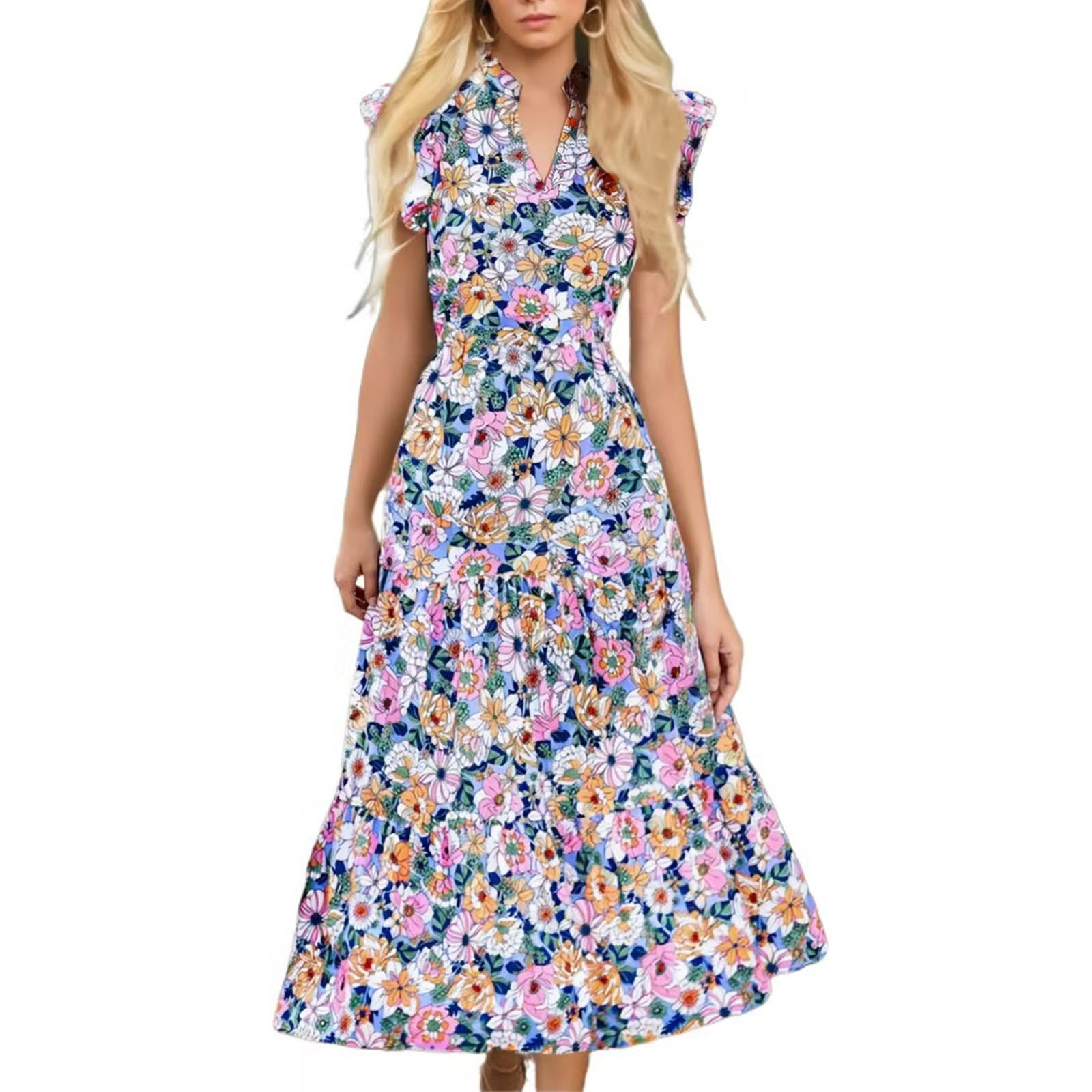 RYDCOT Women's 2025 Summer Floral Midi Dress Cap Sleeve V Neck Ruffle ...