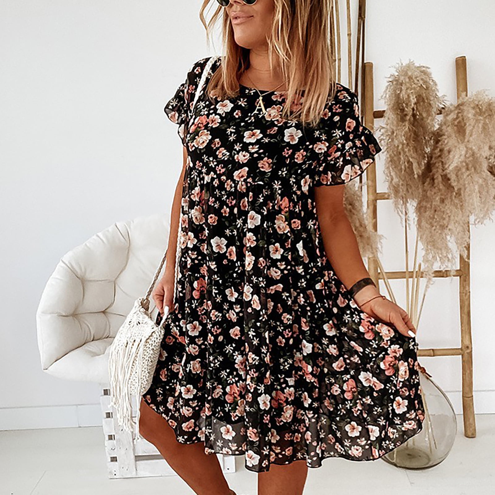RYDCOT Women's Boho Floral Flowy Dress Casual Loose Summer Ruffles ...