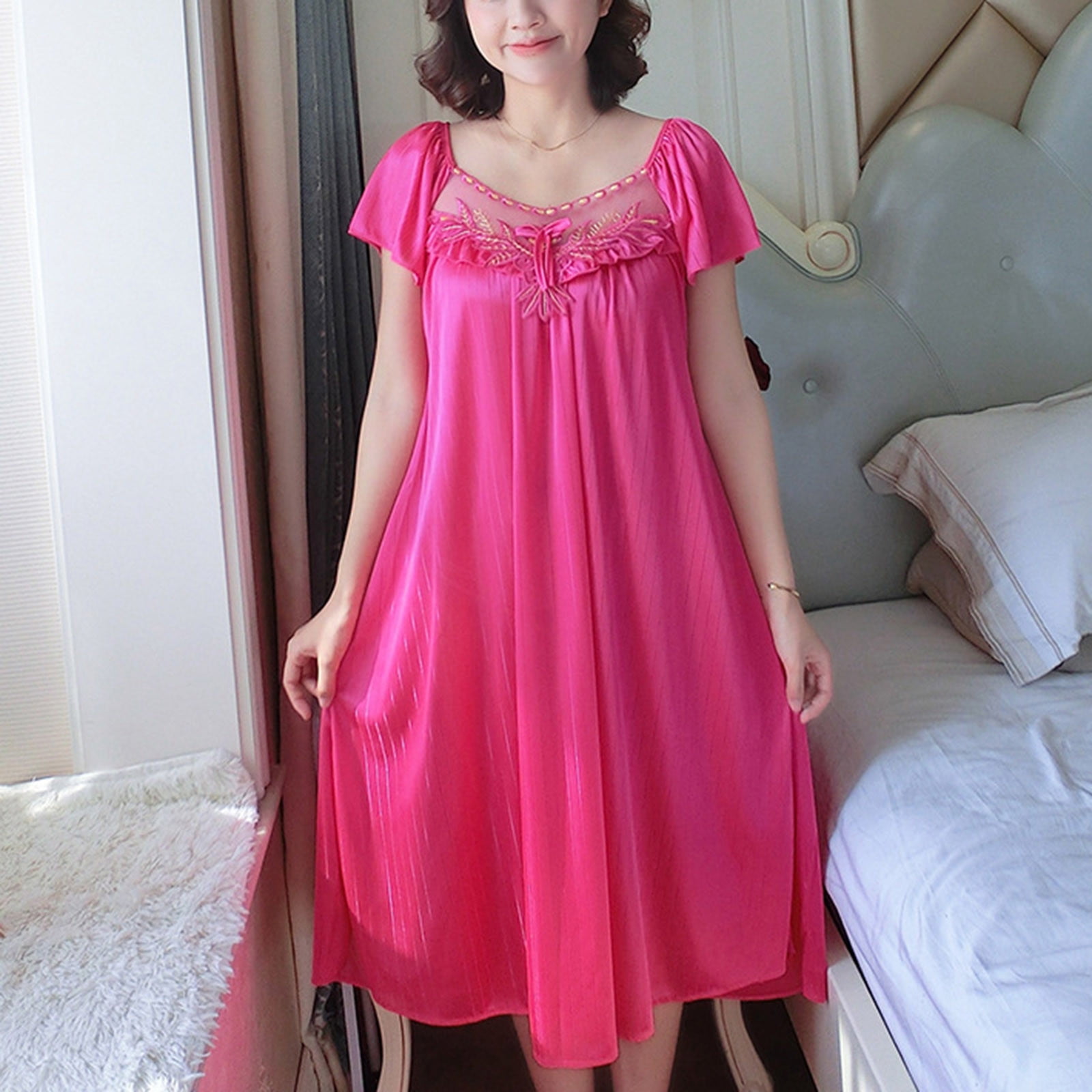 RYDCOT Women's Cap Sleeve Satin Nightgown Elegant Sleepwear Pleated ...