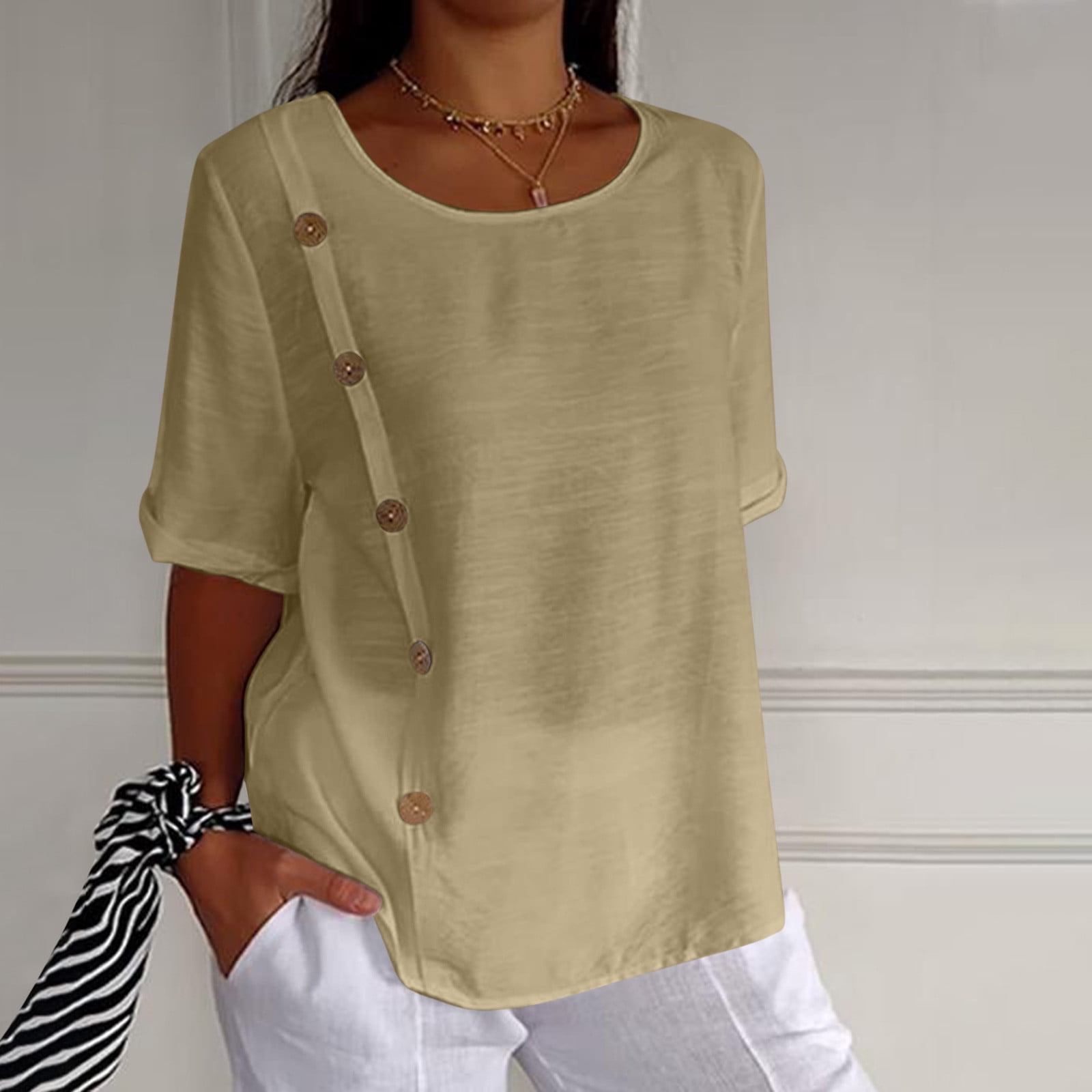 RYDCOT Women's Gauze Tops Plus Size Solid Cotton and Linen Button Design Half Sleeve Casual ...