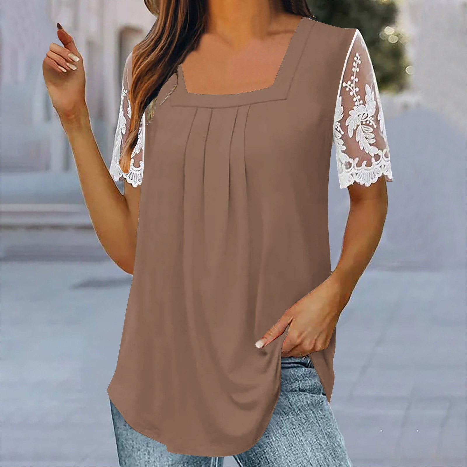 RYDCOT Women's Lace Short Sleeve Tunic Top Casual Square Neck Shirts ...