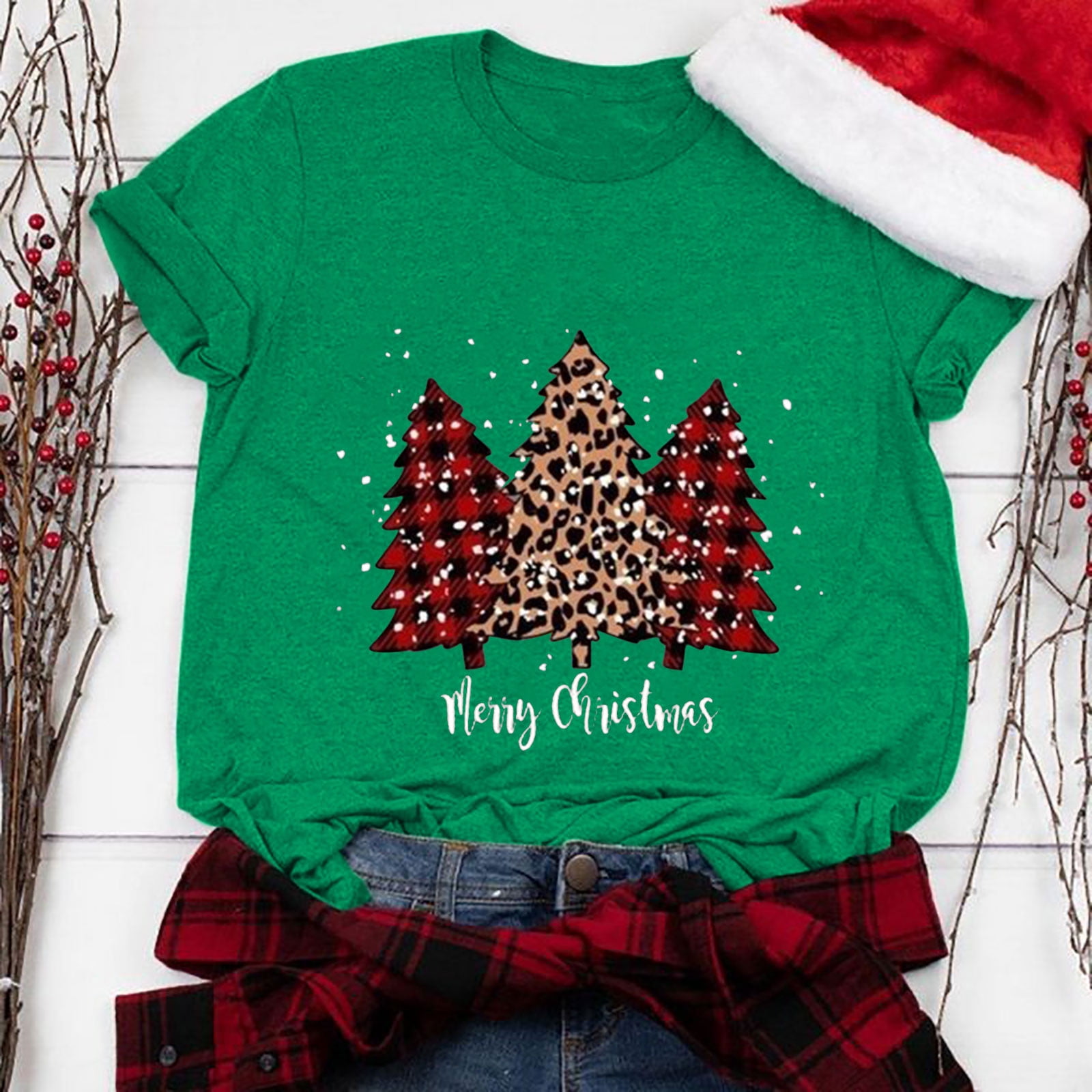 RYDCOT Women's Round Neck T-Shirt Lattice Christmas Tree Print T-Shirt ...