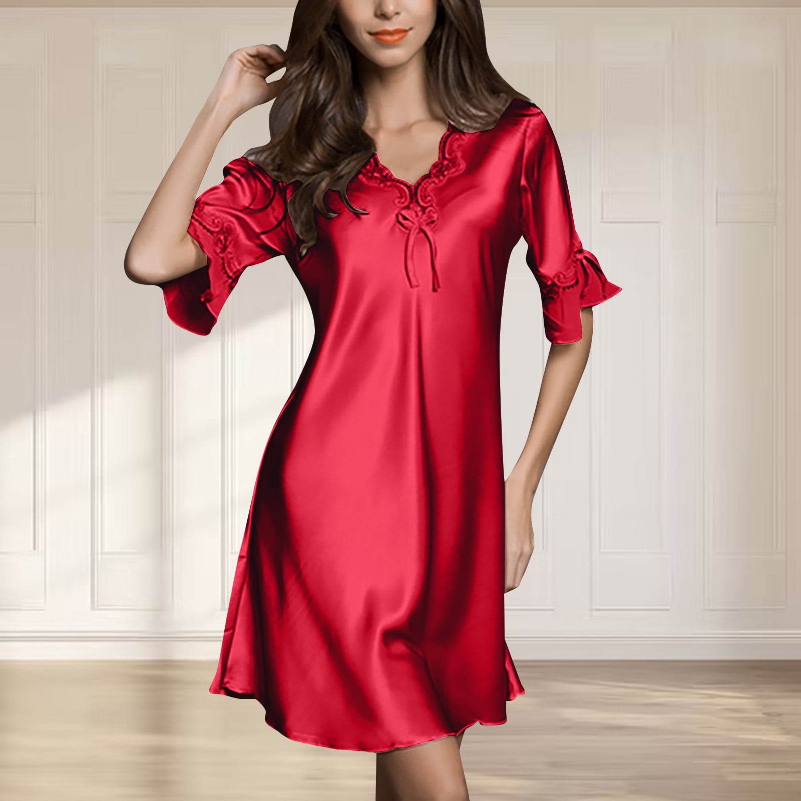 RYDCOT Women's Sleepshirts on Clearance Short Sleeve V-Neck Satin Nightgowns for Women Silk ...