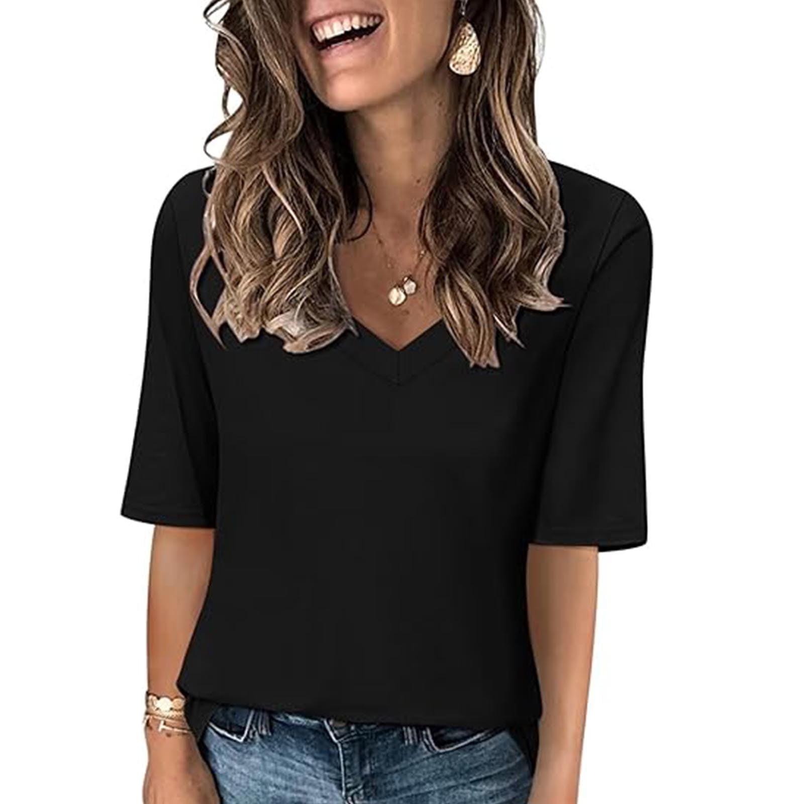 RYDCOT Women's V Neck T Shirts Half Sleeve Tops Casual Solid Summer ...