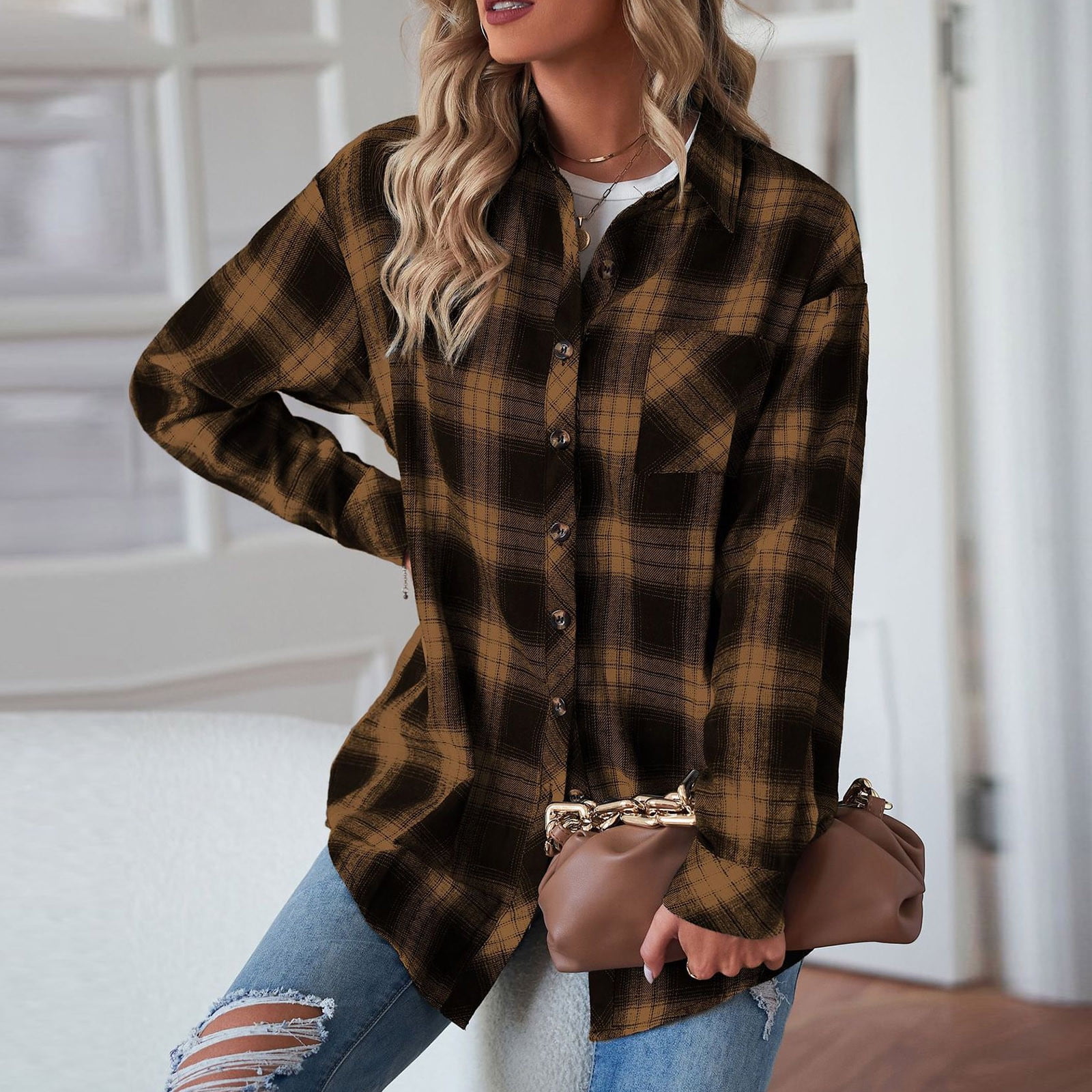 RYDCOT Womens Button Down Plaid Shirts Long Sleeve Blouse Oversized ...