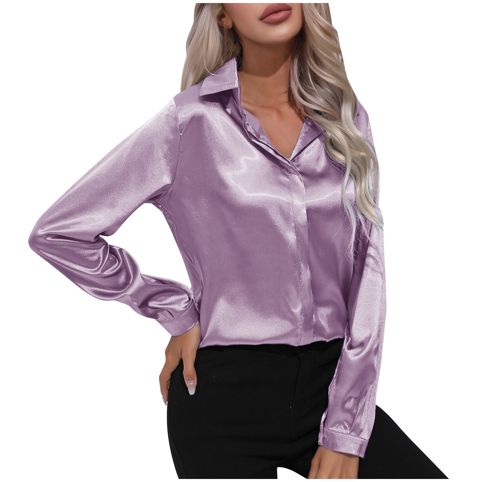 RYDCOT Womens Button Down Satin Shirt Long Sleeve V-Neck Solid Color Dress Shirts Work Business ...