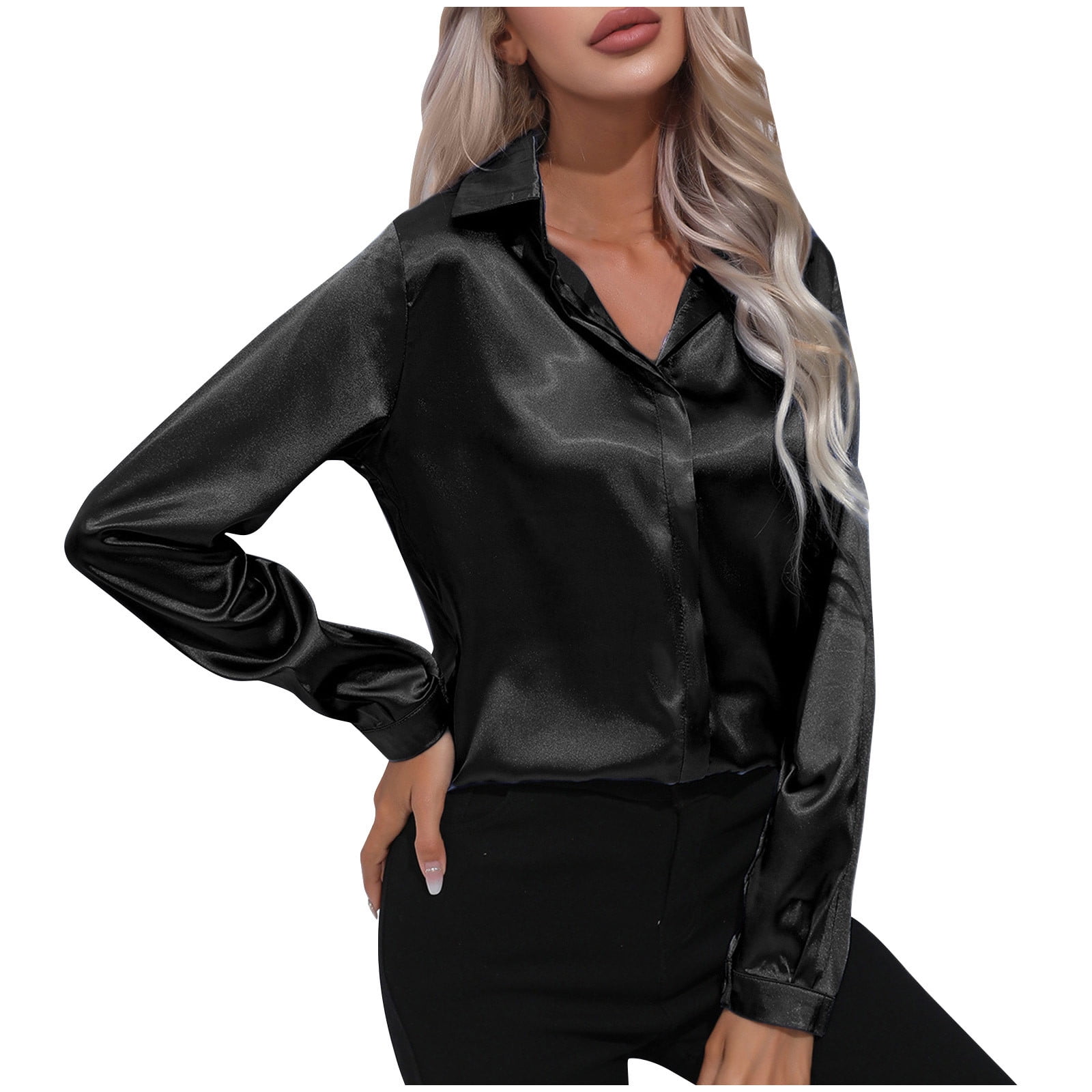 RYDCOT Womens Button Down Satin Shirt Long Sleeve V-Neck Solid Color Dress Shirts Work Business ...