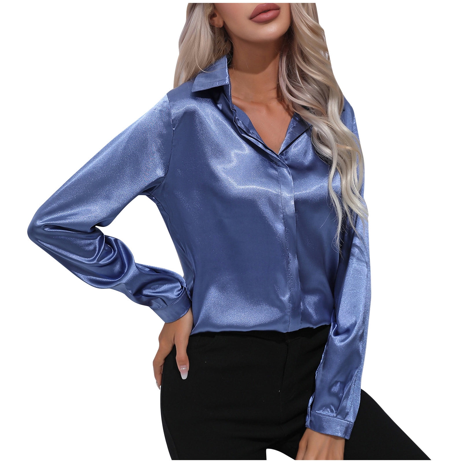 RYDCOT Womens Button Down Satin Shirt Long Sleeve V-Neck Solid Color Dress Shirts Work Business ...