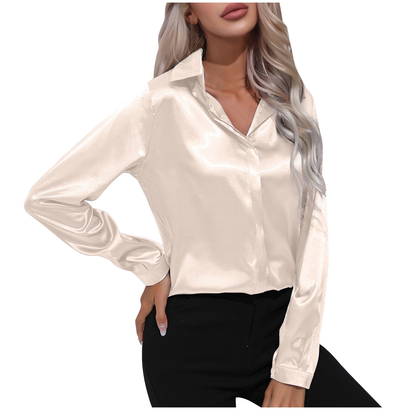 RYDCOT Womens Button Down Satin Shirt Long Sleeve V-Neck Solid Color Dress Shirts Work Business ...