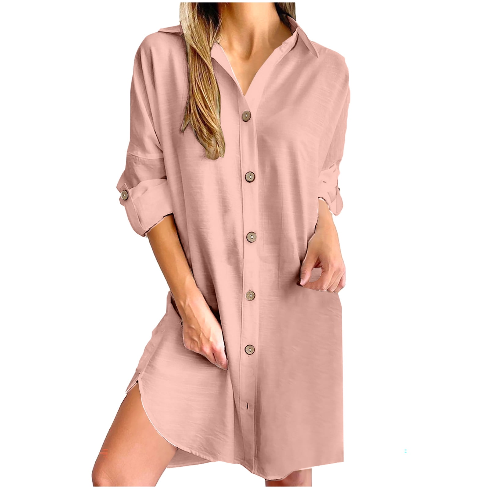 RYDCOT Womens Button Down Shirt Dresses Knee Length Long Sleeve Tunics Dress High Low Swimwear ...