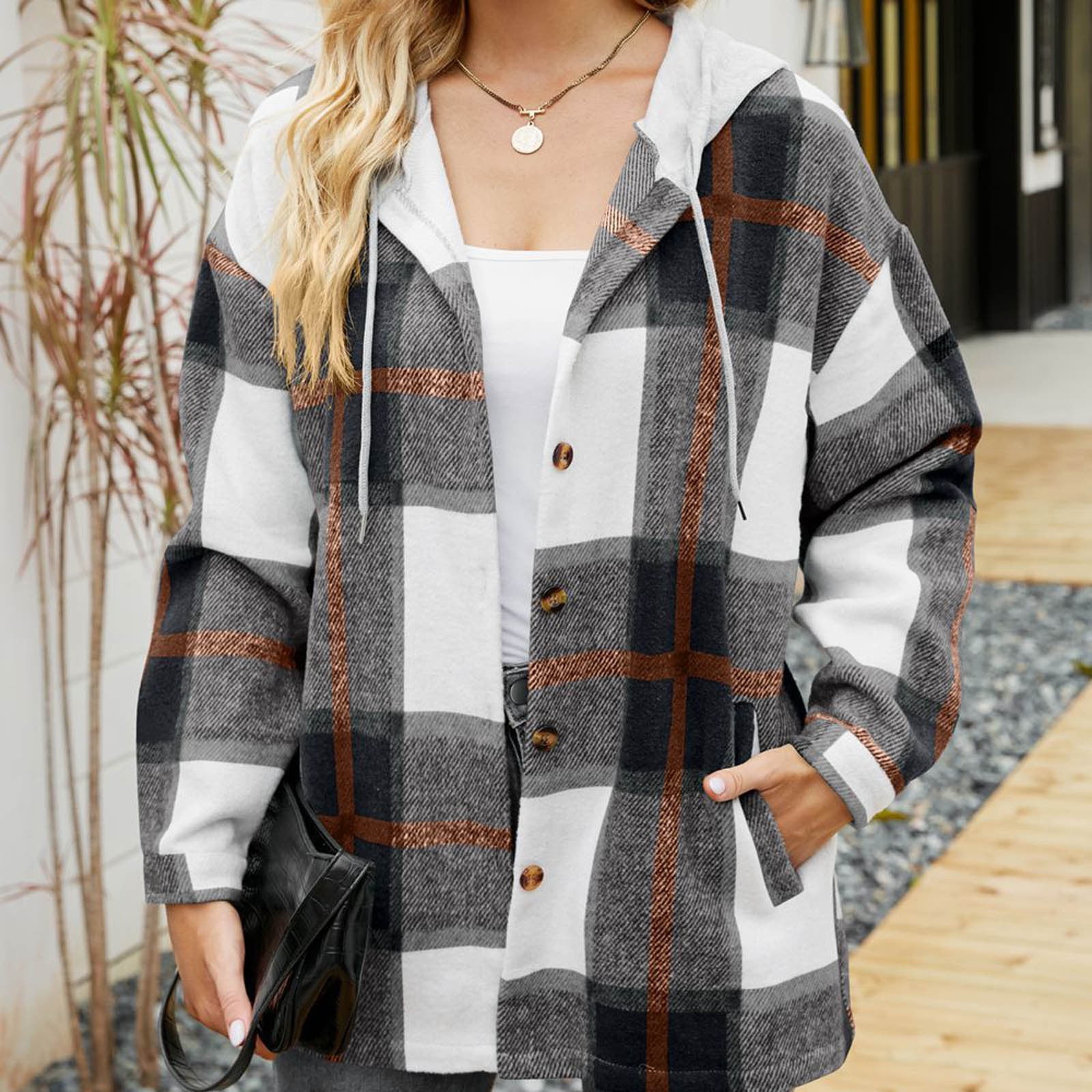 RYDCOT Womens Casual Plaid Shacket Tartan Jacket with Hooded Oversized ...