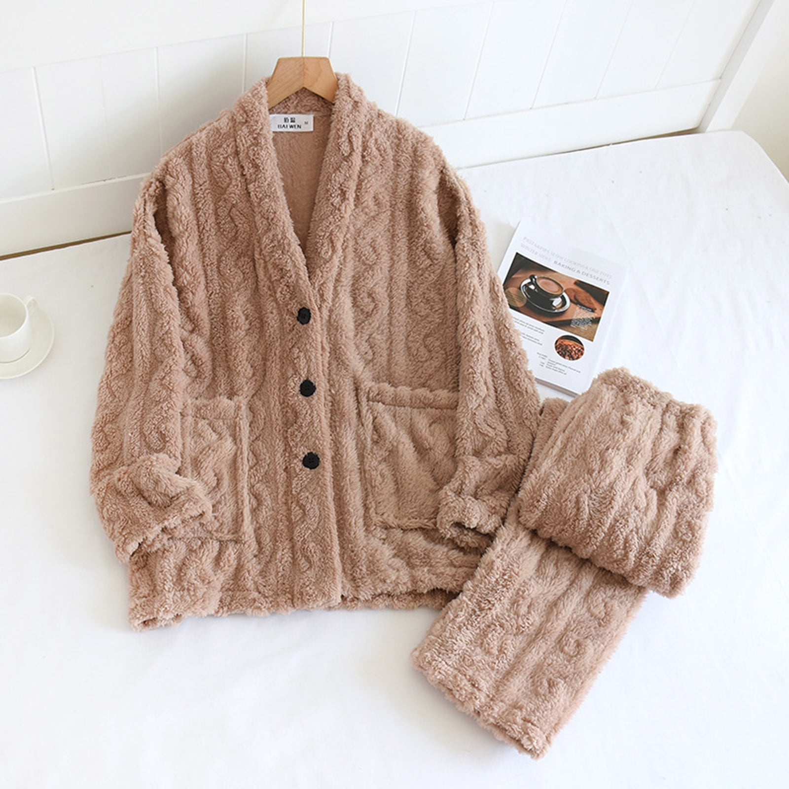 RYDCOT Womens Fuzzy Sherpa Fleece Pajamas Set Warm Long Sleeve Button ...