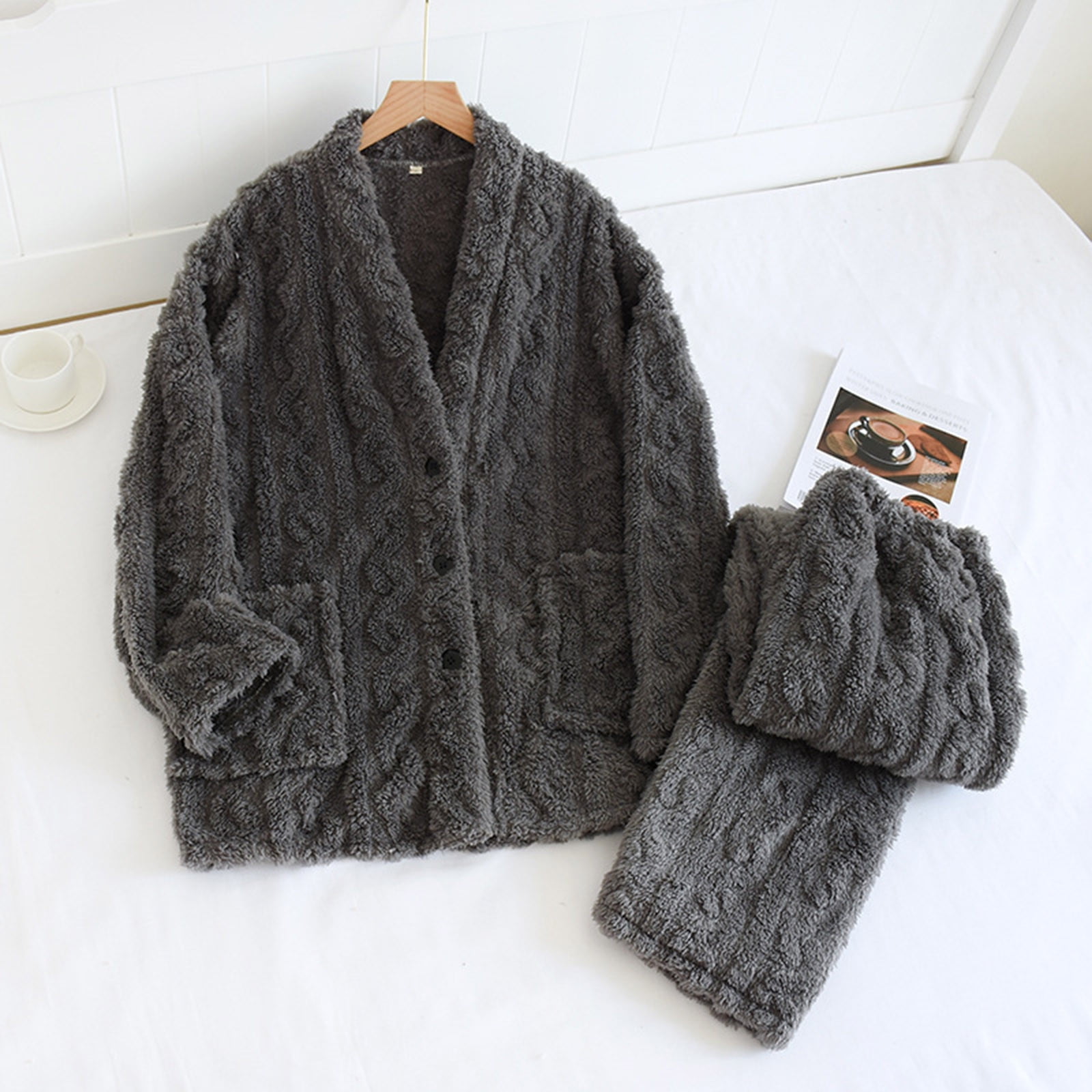 RYDCOT Womens Fuzzy Sherpa Fleece Pajamas Set Warm Long Sleeve Button ...