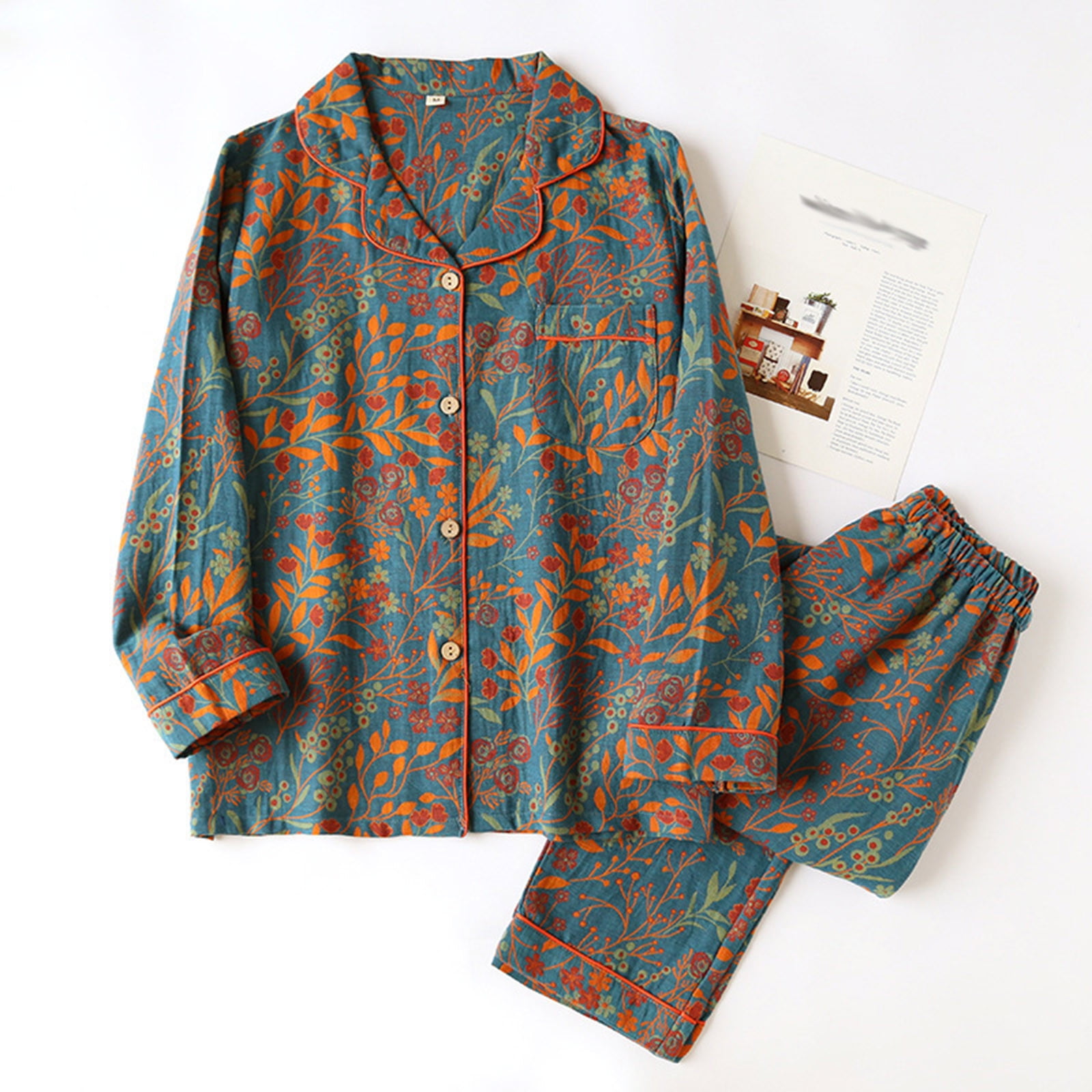 RYDCOT Womens Long Sleeve Pajama Sets Ginkgo Leaf Neckline Button ...