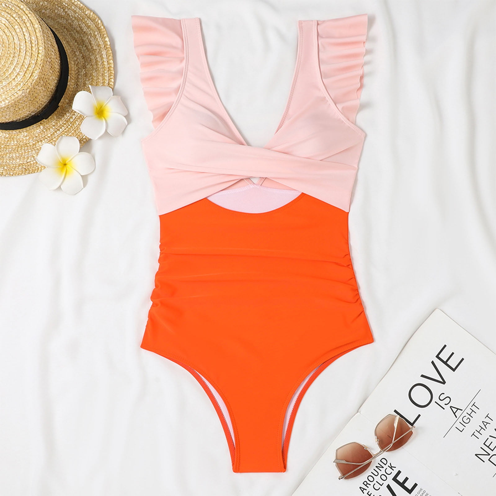 Rydcot V Neck Cutout Ruffle Ruched Tummy Control Orange One Piece